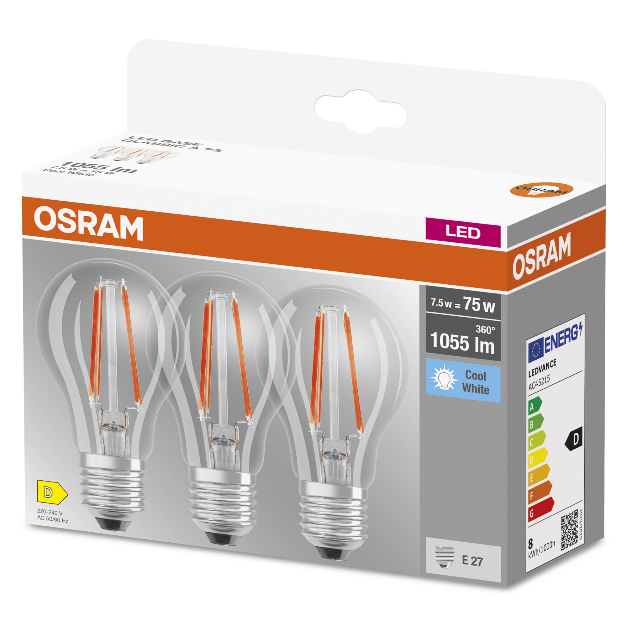 Set 3 becuri LED Osram Filament, E27, 7.5W (75W), 1055 lm, lumina ...