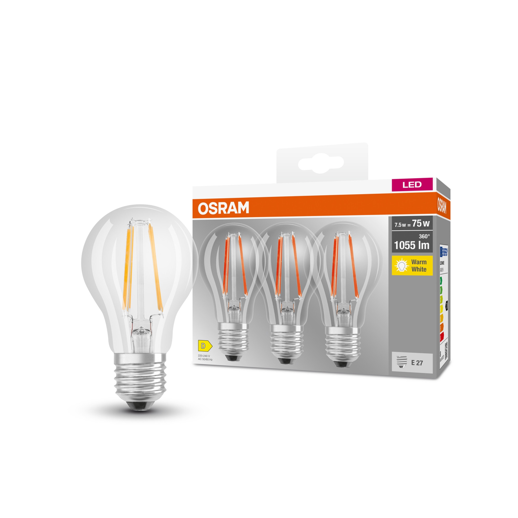 Комплект 3 LED крушки Osram Filament, E27, 7.5W (75W), 1055 лумена, Топла светлина (2700K ...