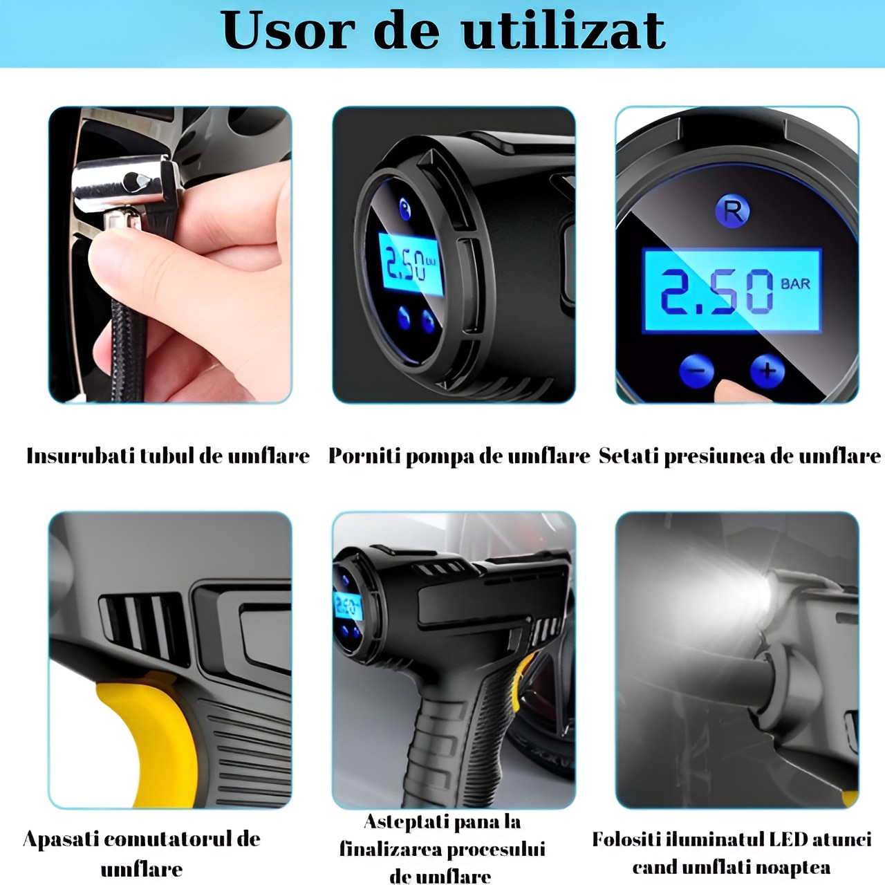 Pompa aer auto electrica HASEPE, afisaj digital LCD, Lanterna LED ...