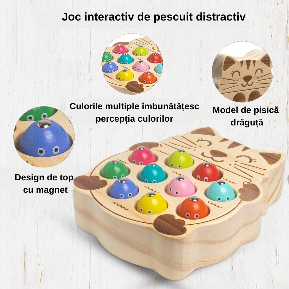 Jucarie Montessori de pescuit din Lemn cu 2 Undite/10 Pestisori ...