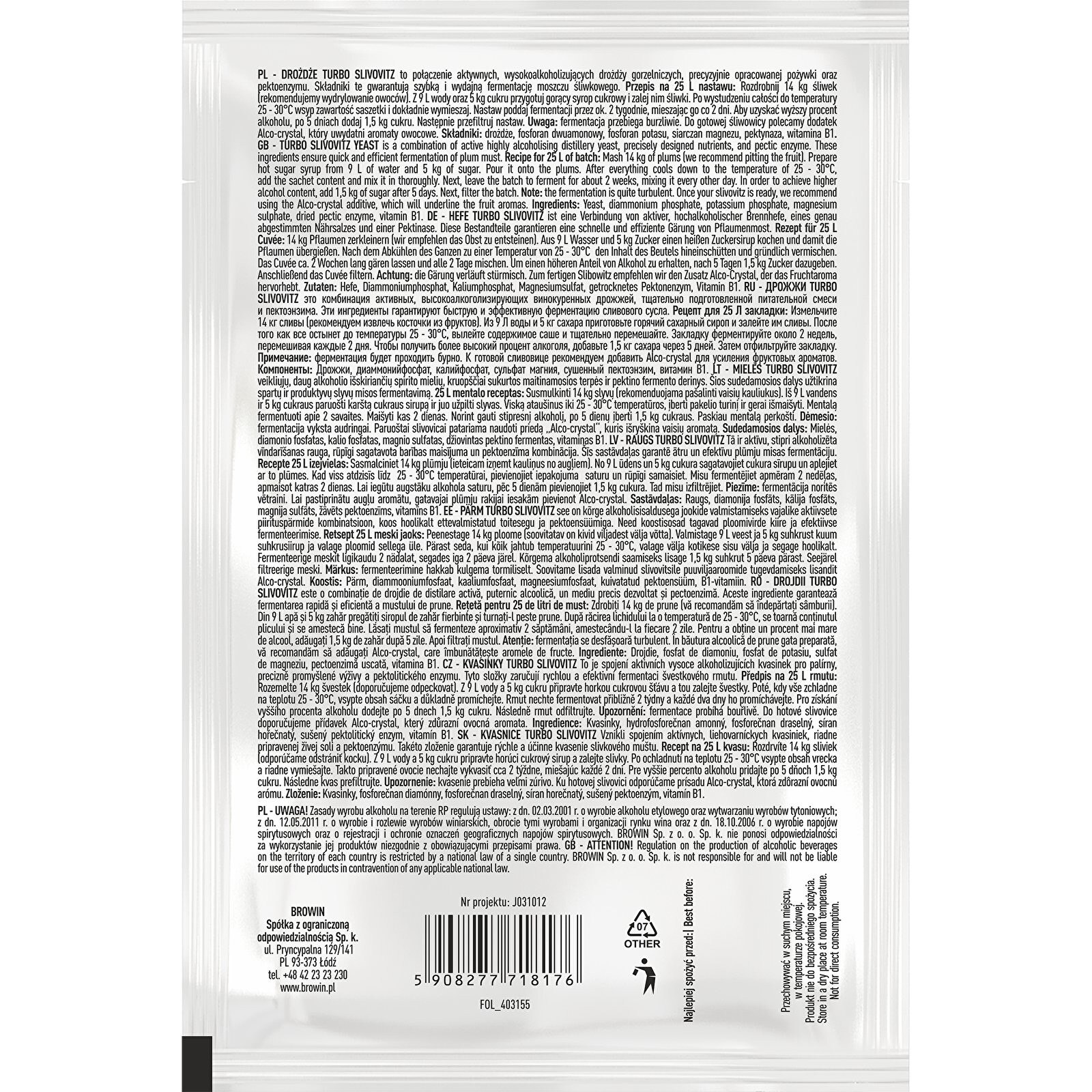 Drojdie de distiliere, TURBO Slivovitz, Browin, 62 g, Multicolor - eMAG.ro