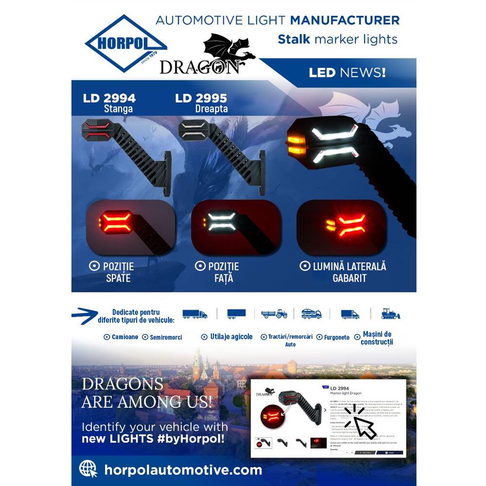 Lampa gabarit cu brat oblic 45°, 200mm, LED, 3 functii, stanga, Dragon ...