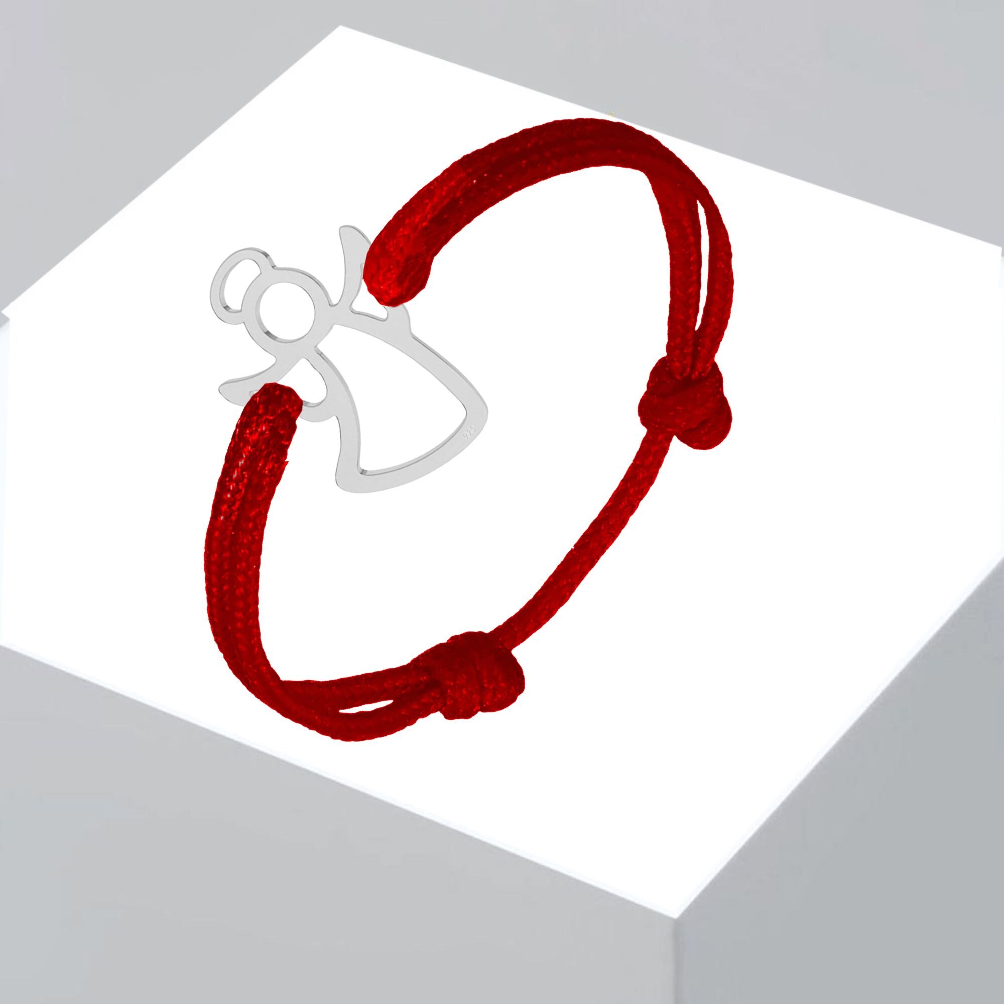 Inel cu Snur Rosu si Inger din Argint 925, GlassIdeas, Placare cu Rodiu ...