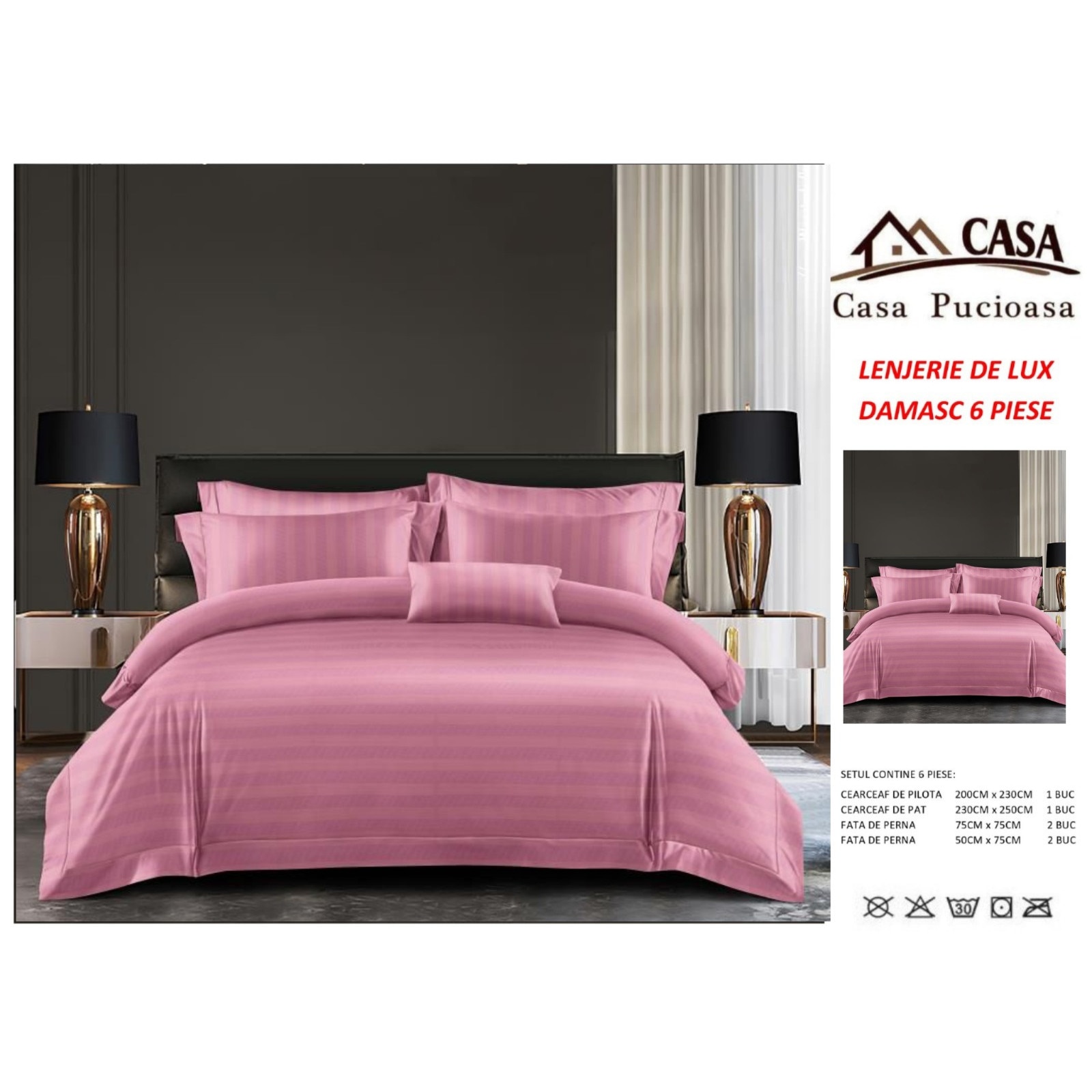 Set Lenjerie din Damasc CASA PUCIOASA, Roz, UNI, 6 Piese, 230 x 250 cm ...