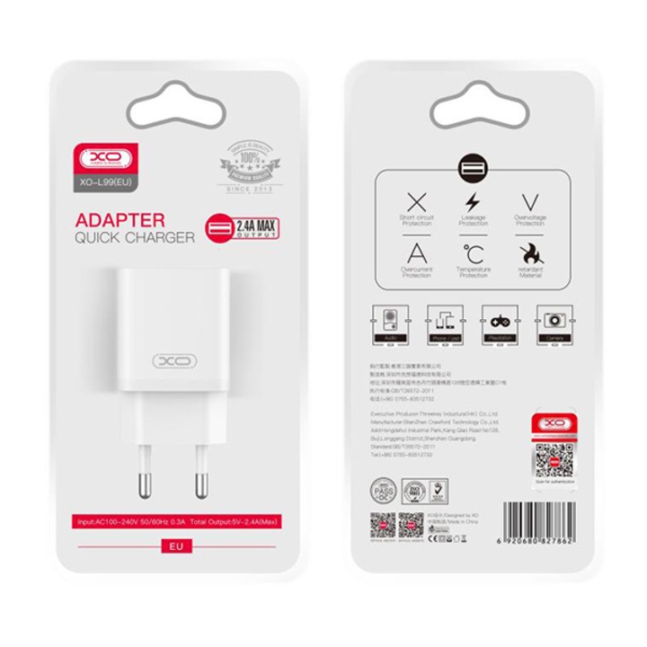 Зарядно устройство 220V XO - L99 12W, USB-A, 2.4A, бял - eMAG.bg