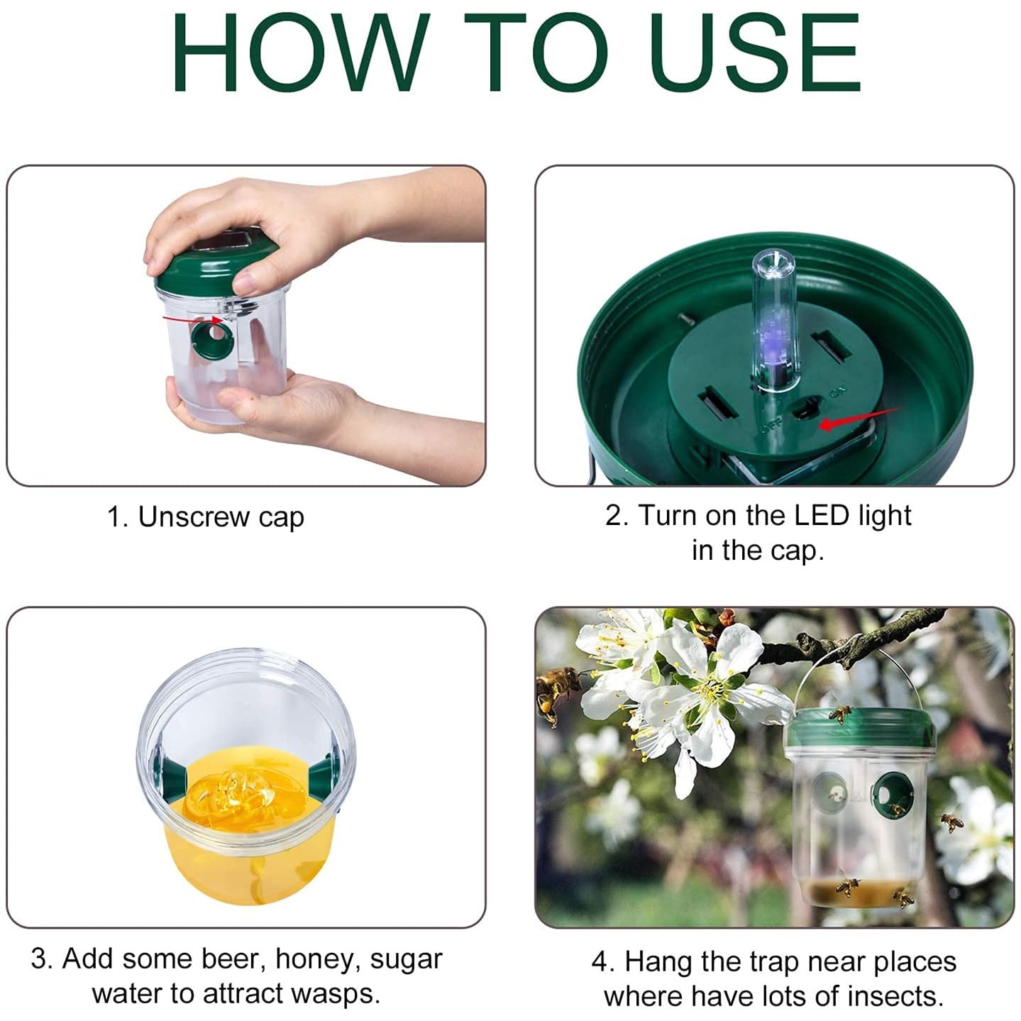 Set 2 capcane solare pentru viespi, Plastic, LED, Verde - eMAG.ro