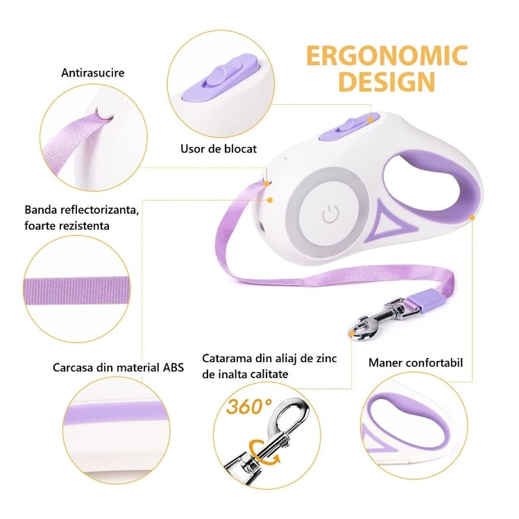 Lesa pentru caine cu LED, ABS, 5 m, Violet - eMAG.ro