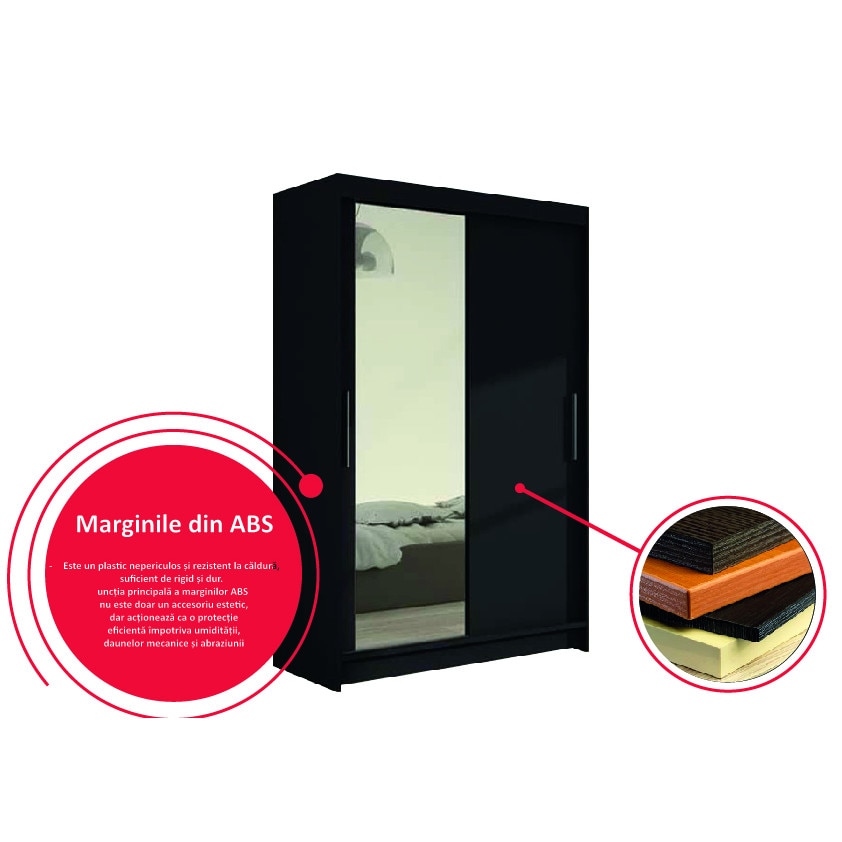 Dulap dormitor cu usi glisante FLORIA VI cu oglinda, 120x200x58, negru ...