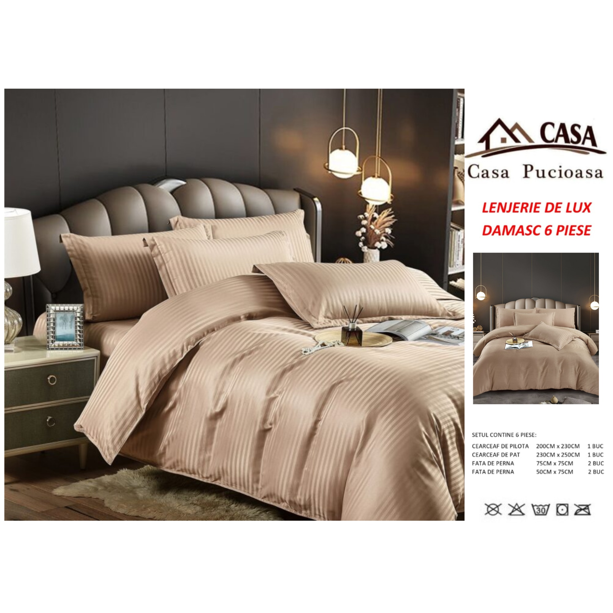 Set Lenjerie din Damasc CASA PUCIOASA, Maro, UNI, 6 Piese, 230 x 250cm ...