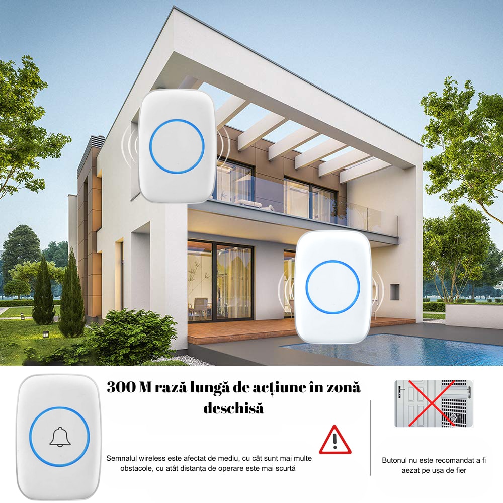 Sonerie Fara FIr cu Buton impermeabil, VisionHub®, Rezistenta la apa ...