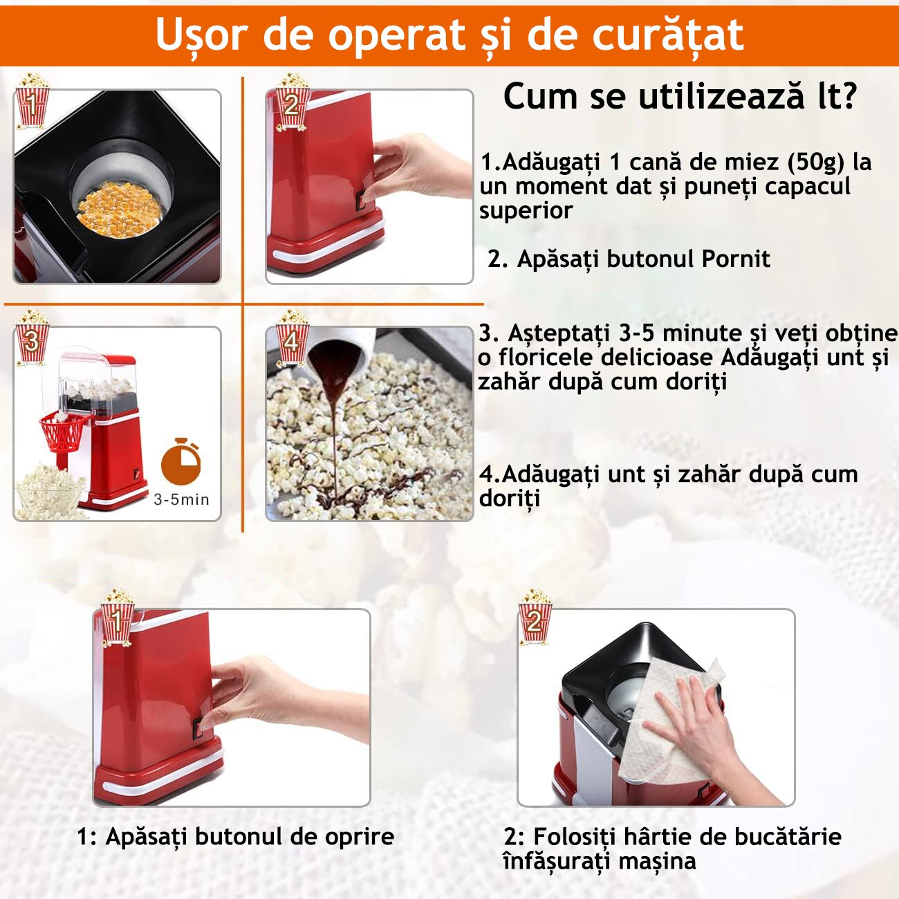 Aparat de facut popcorn, BYONDSELF®, 1200W, operare cu o singura ...