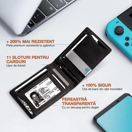 Portofel din piele pentru barbati, Nivazo, protectie RFID carduri, cu agrafa pentru bani, suport ...