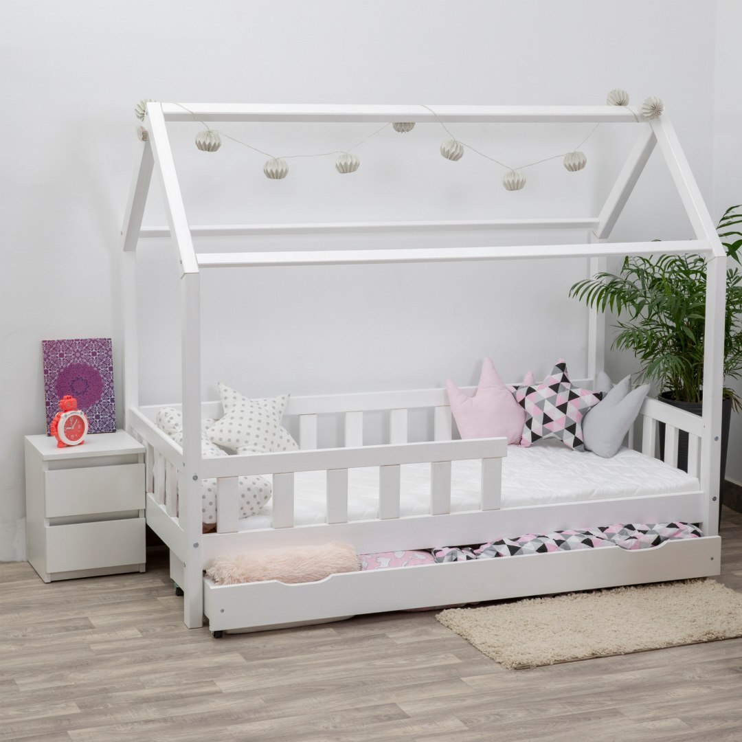 Pat pentru copii, Cottage, Lemn de pin, Cu balustrada, Cu sertar ...