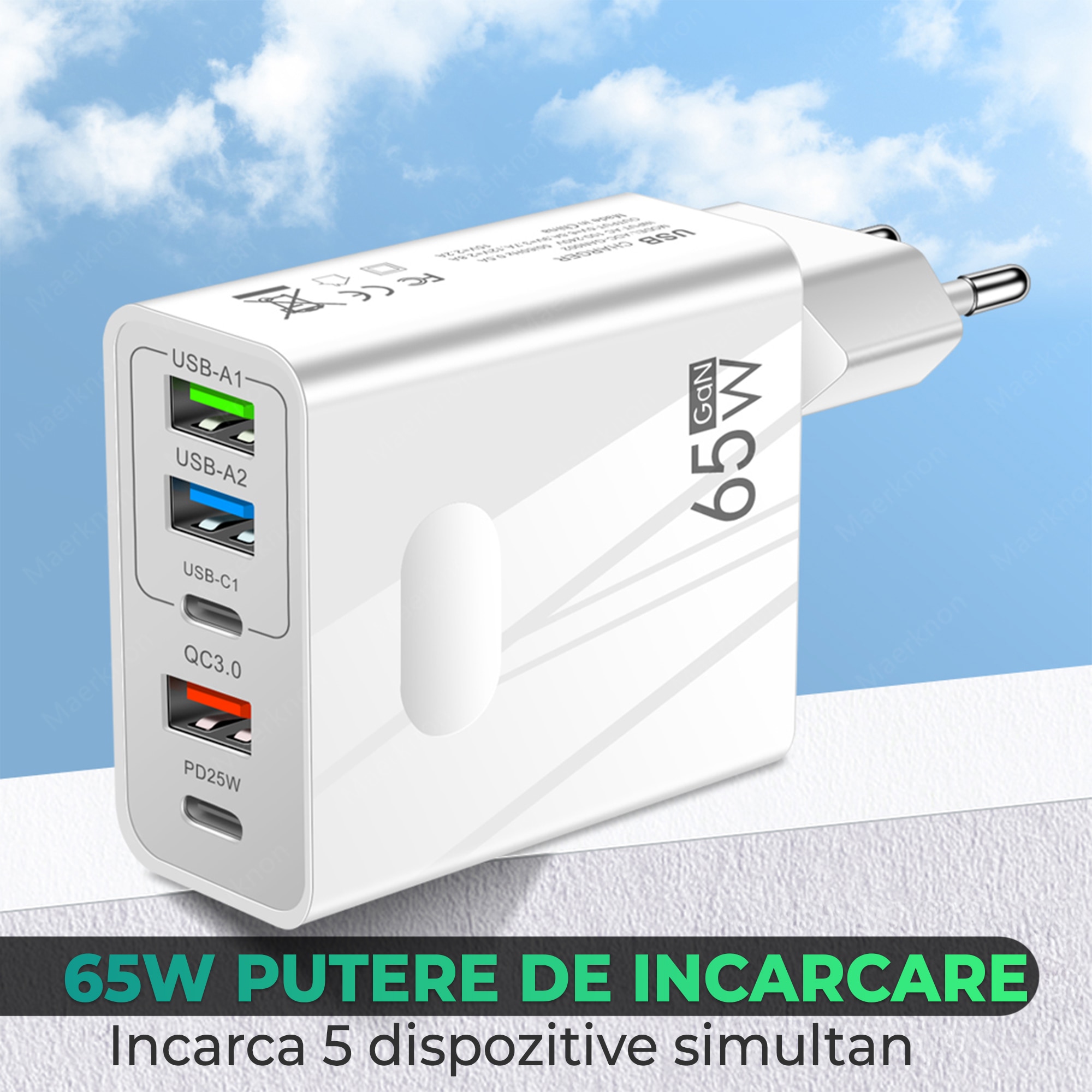 Incarcator Retea Timebox, 5 Porturi, 65W Fast Charge, 3 x USB, 2 x Type ...