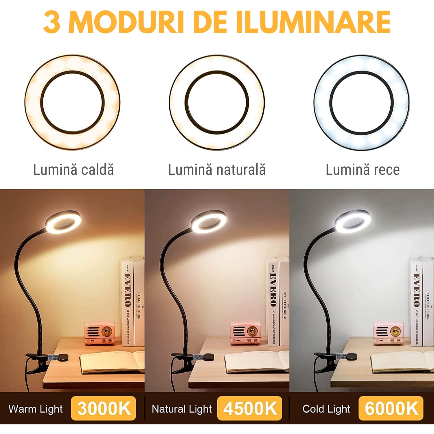 Lupa de masa cu iluminare LED, marire 3x, ajustabila, Lampa cu 10 ...