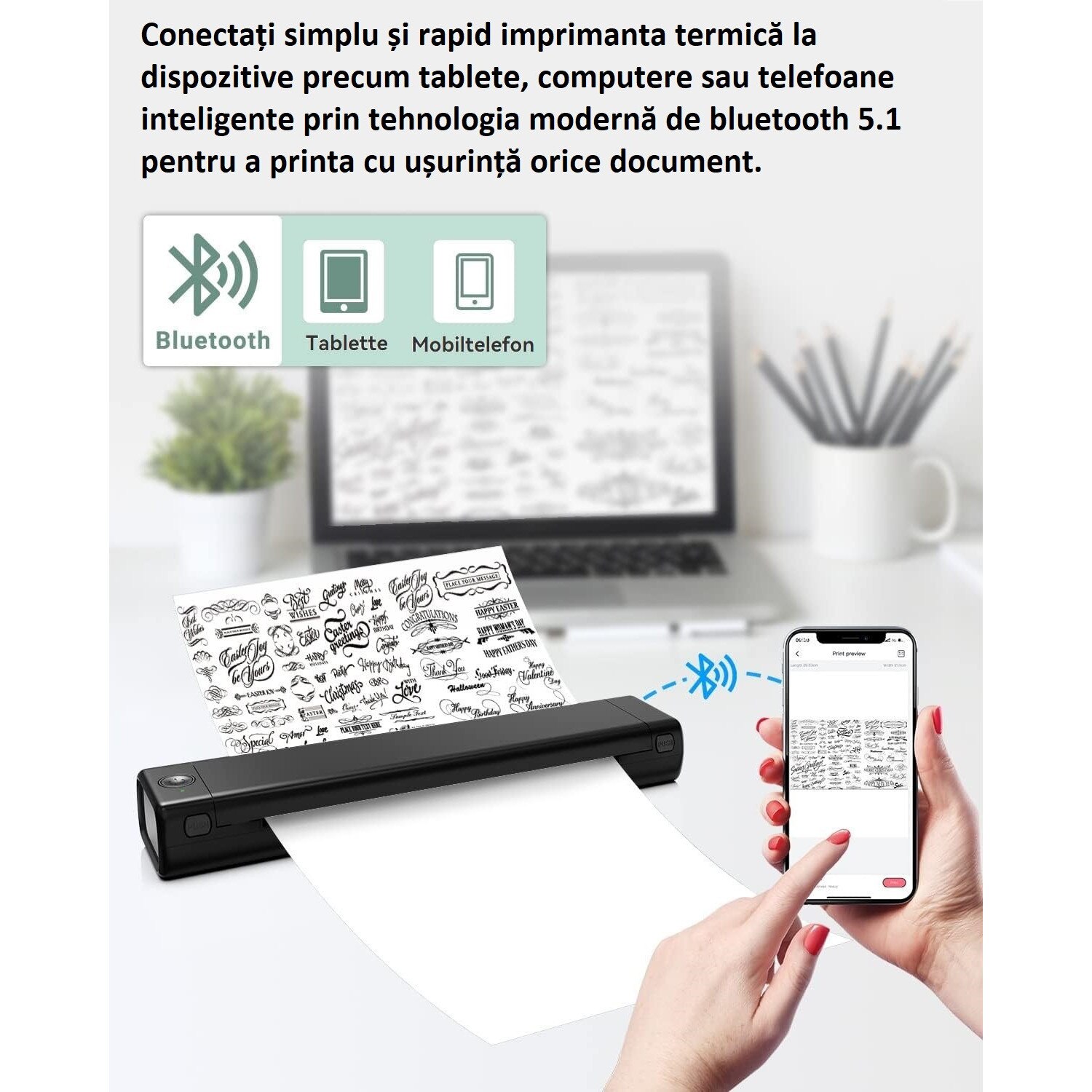 Imprimanta termica portabila A4, Bluetooth, USB, compatibila cu iOS ...