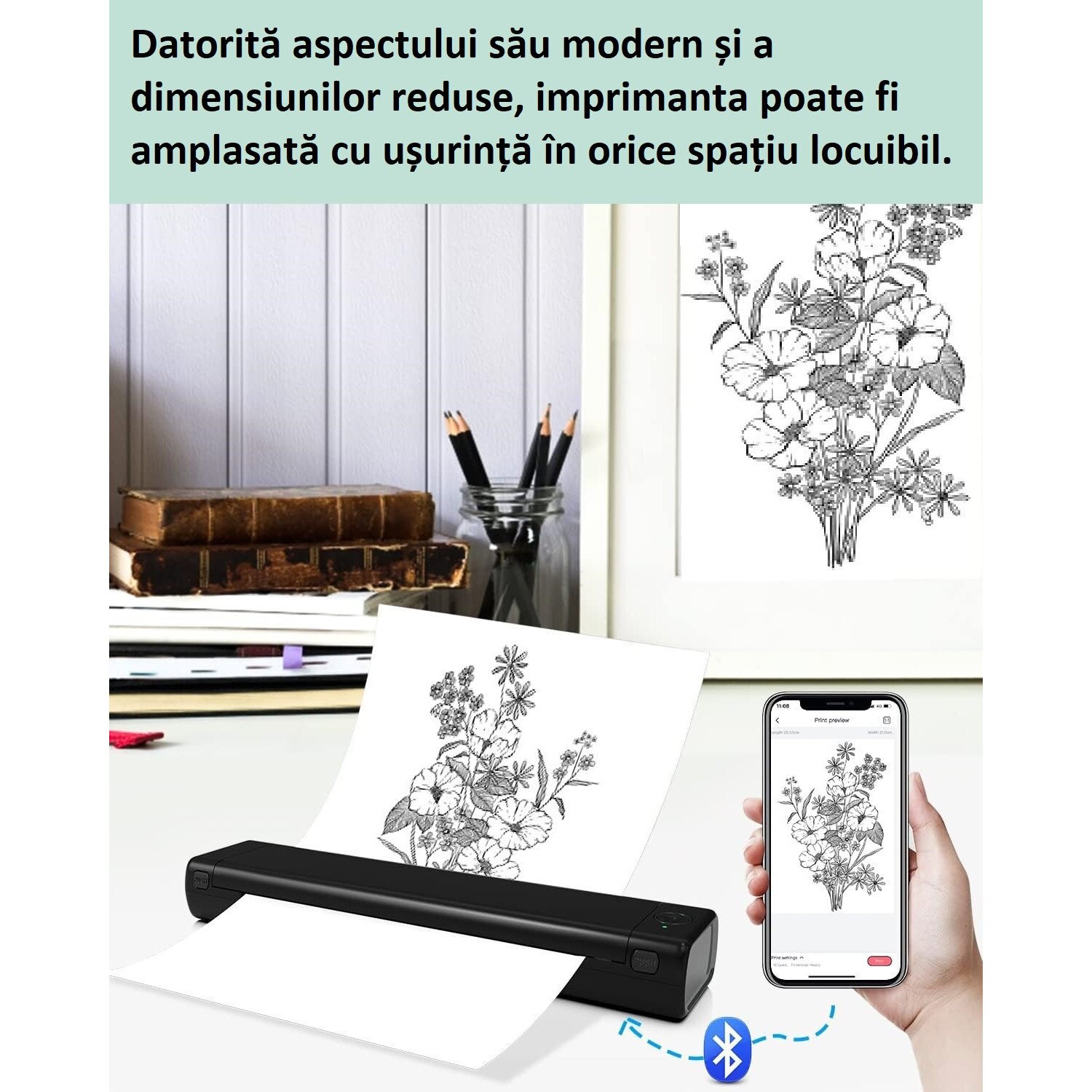 Imprimanta termica portabila A4, Bluetooth, USB, compatibila cu iOS ...
