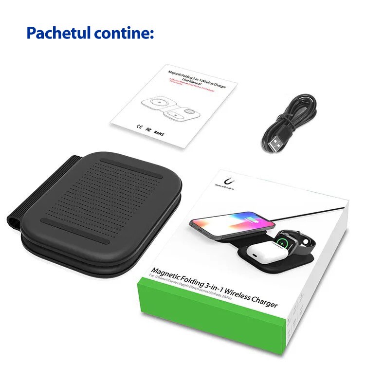 Incarcator Wireless 3 in 1, Compact, Pliabil, Pentru Casti Bluetooth ...