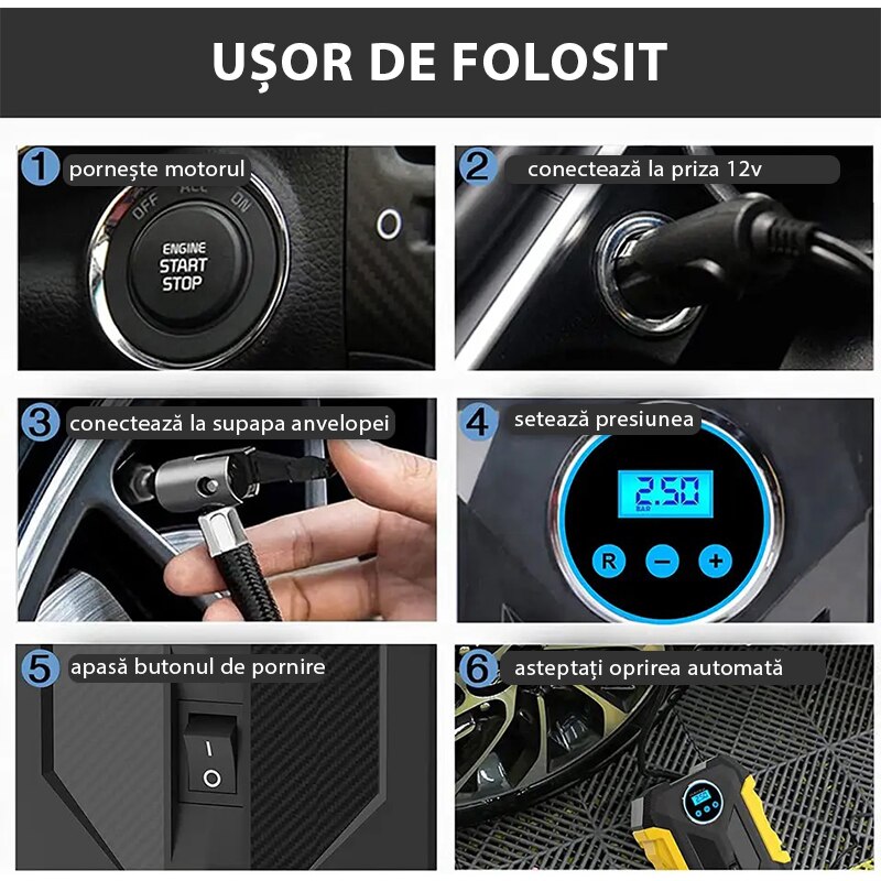 Compresor auto digital multifunctional GLIMATECH, Cablu alimentare 12V ...