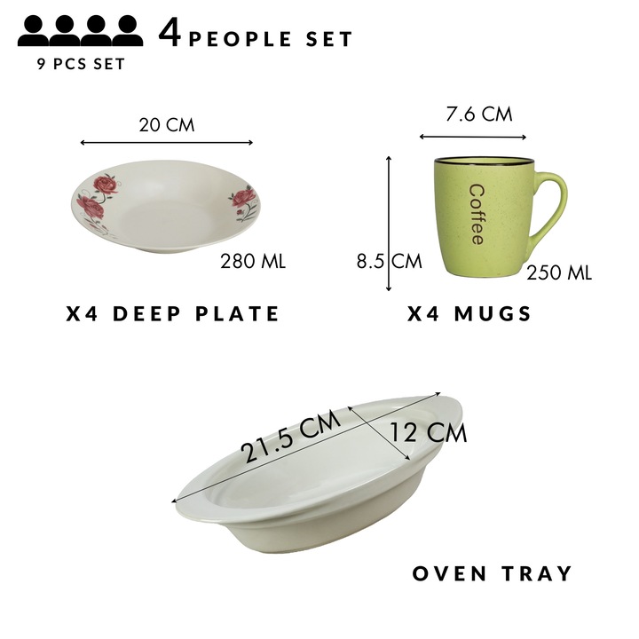 Set vesela, 4 persoane, 9 piese, cana verde, farfurie adanca, tava ...