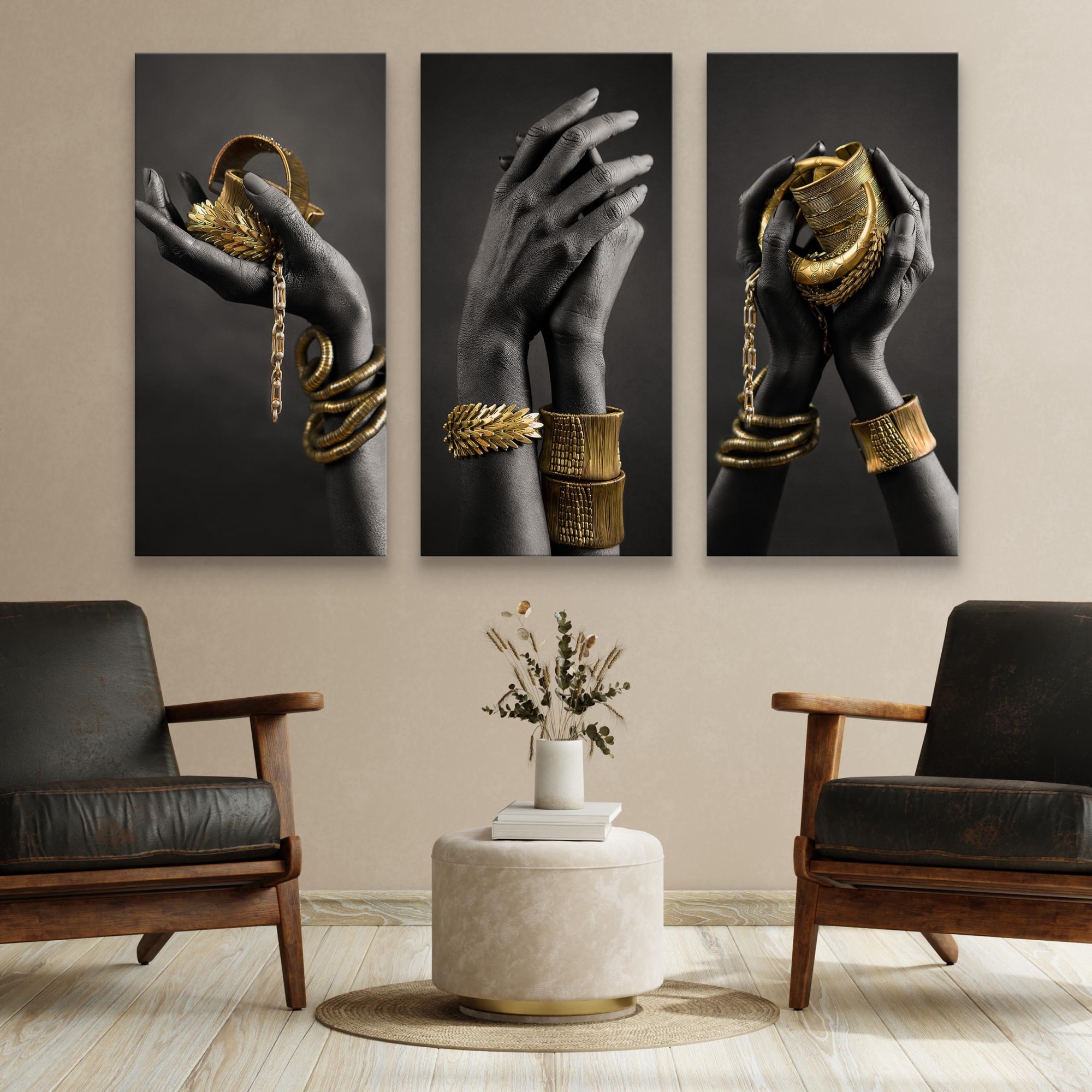 Set 3 tablouri canvas Femeie africana cu bijuterii din aur 180x120cm ...