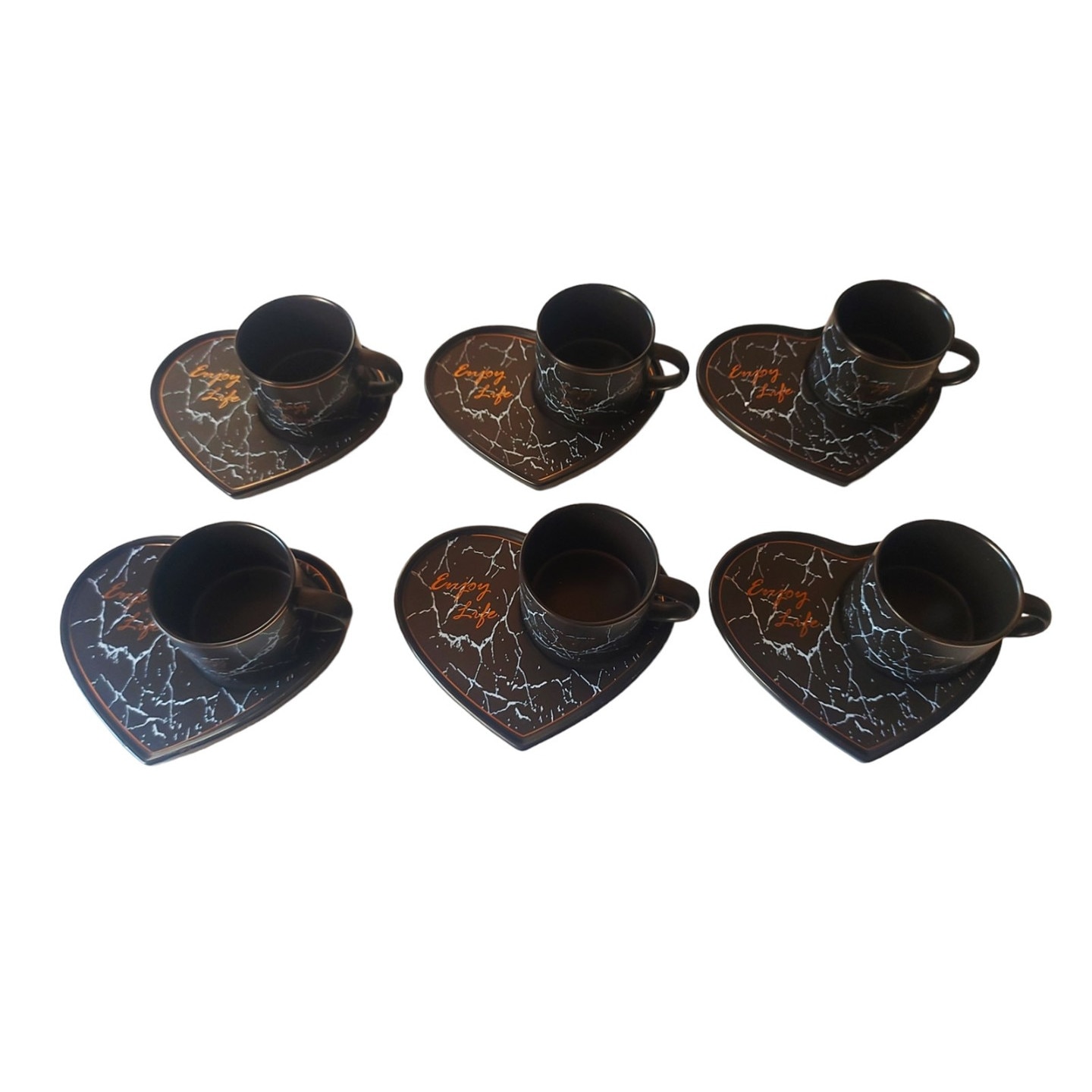 Set 6 cesti de cafea cu suport in forma de inima, Enjoy life, Negru ...