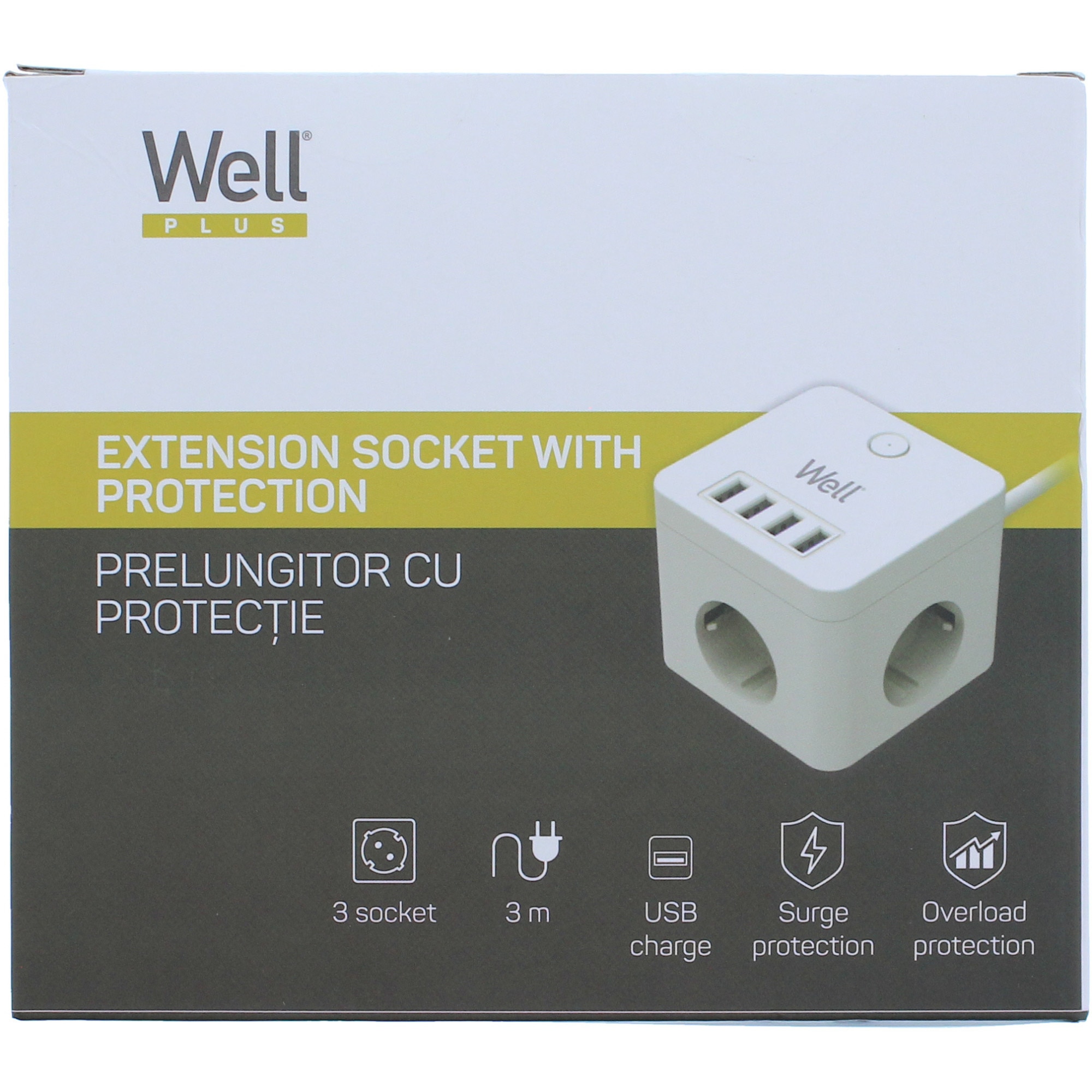 Prelungitor Well cu protectie, 3 prize, 4 porturi USB, 3 m ...