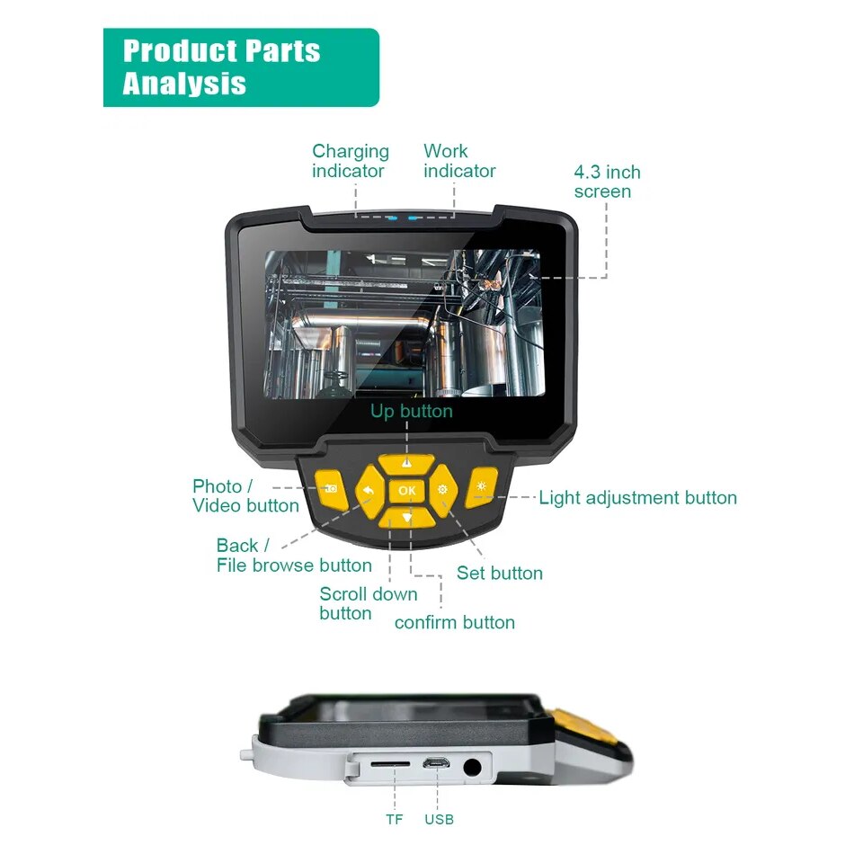 Camera de inspectie endoscop profesionala, 4.3", Full HD, cablu 5 metri ...