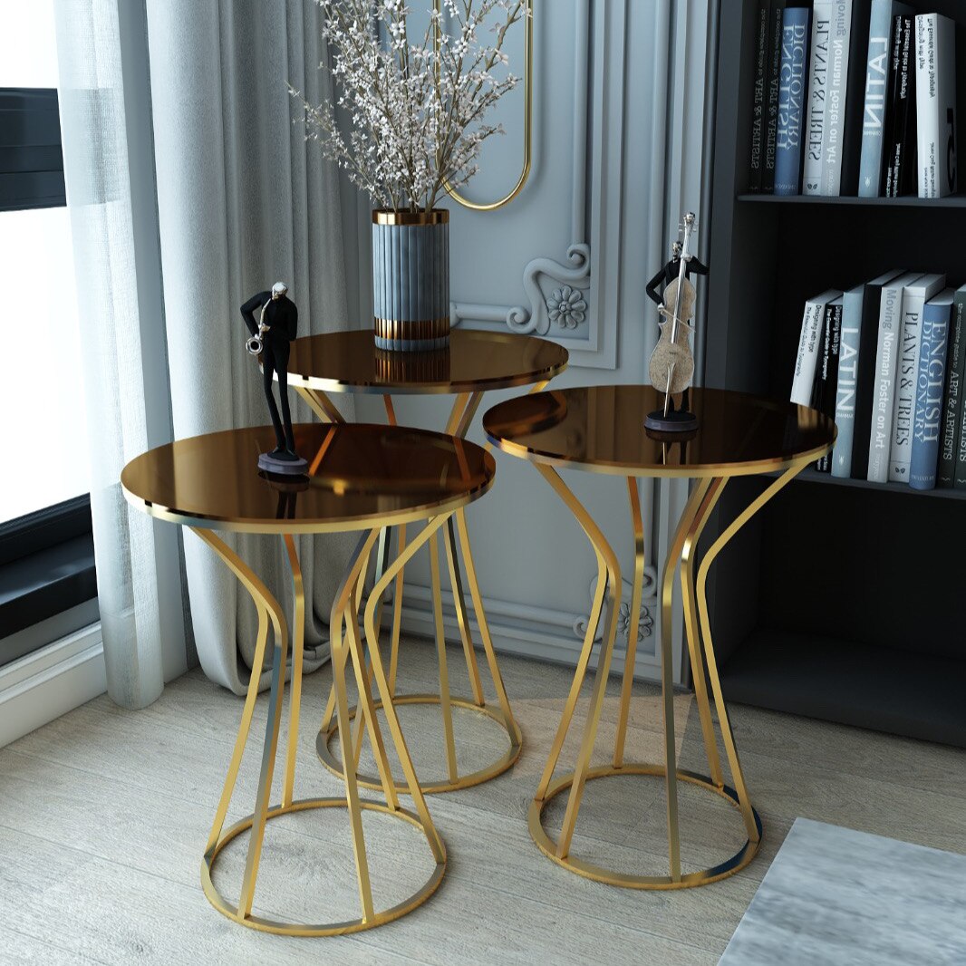 Masute cafea living, diametru blat 40 cm, set de 3 piese elegante, gold ...