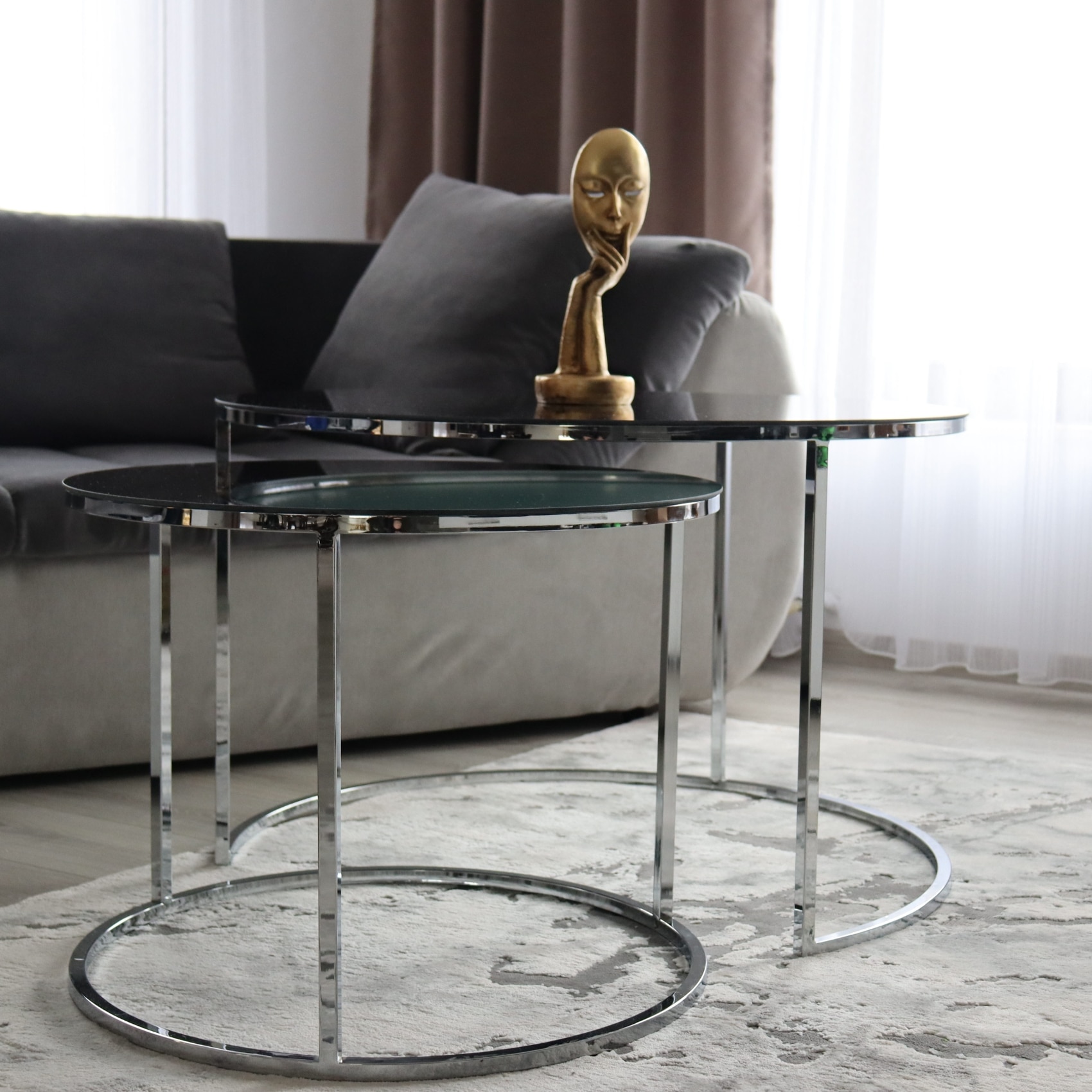 Masuta cafea living, set de 2 masute, argintiu, diametru 80 cm - eMAG.ro