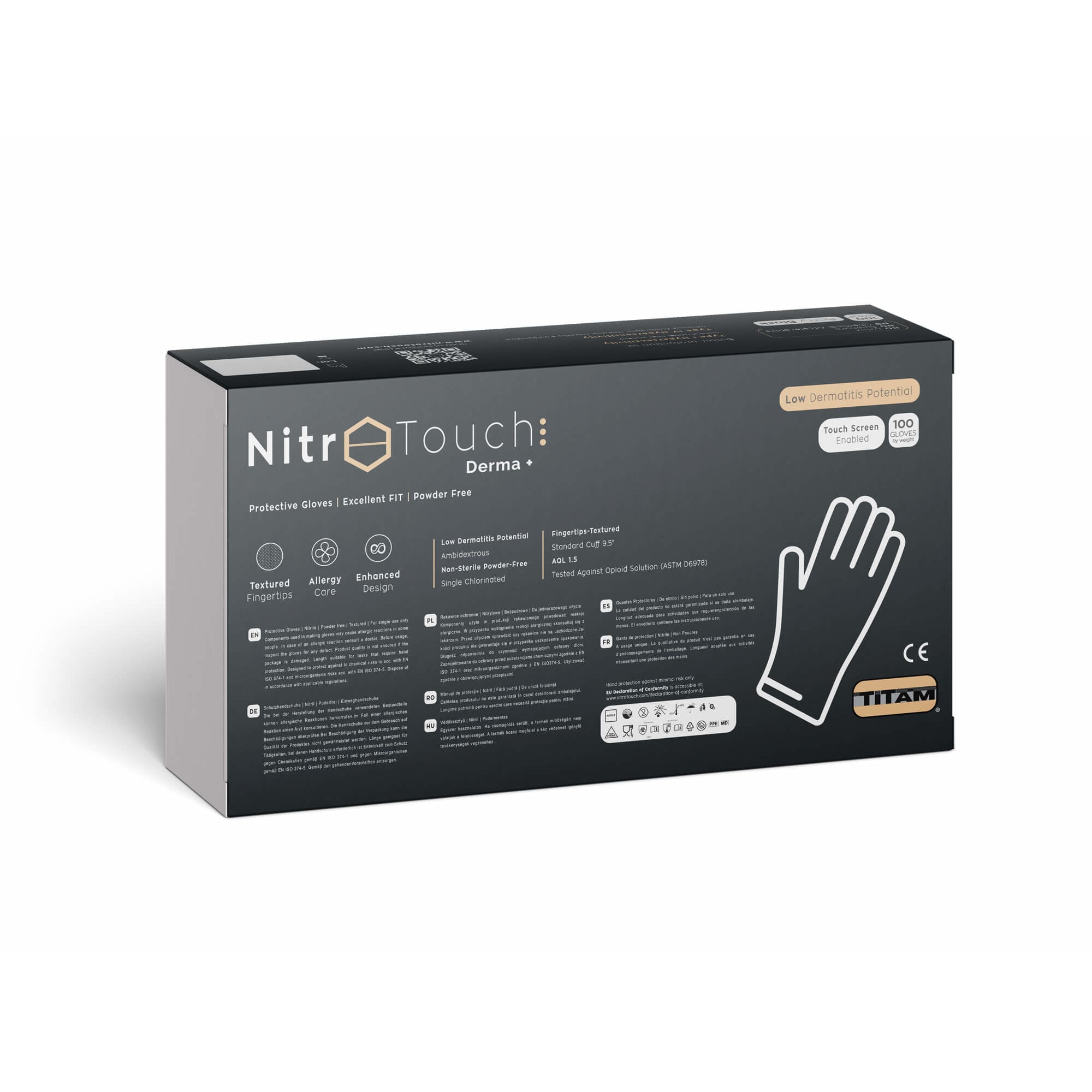 Manusi de unica folosinta din nitril, Nitro Touch Derma Plus, negre, L ...