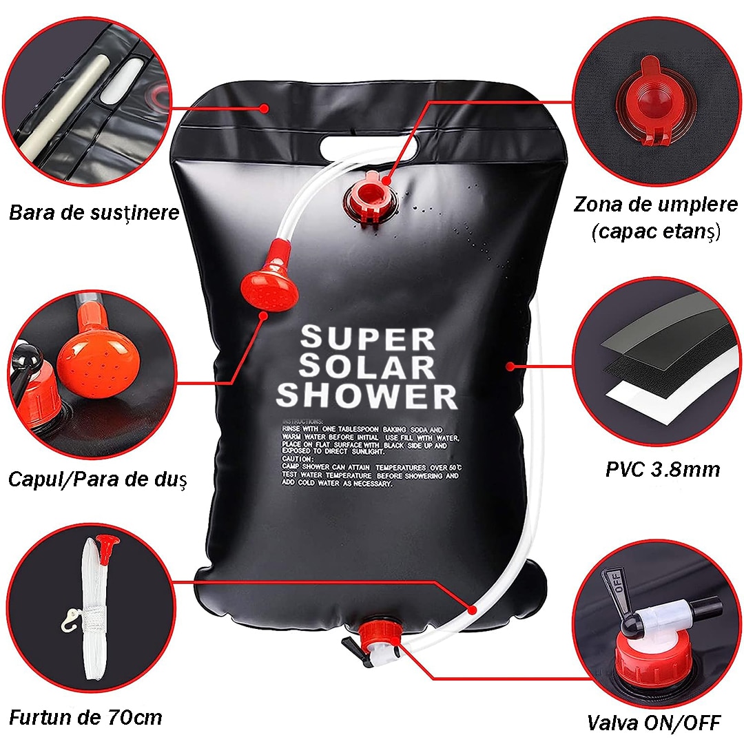 Dus Portabil cu Incalzire Solara Zenino - pentru Camping, Furtun cu ...