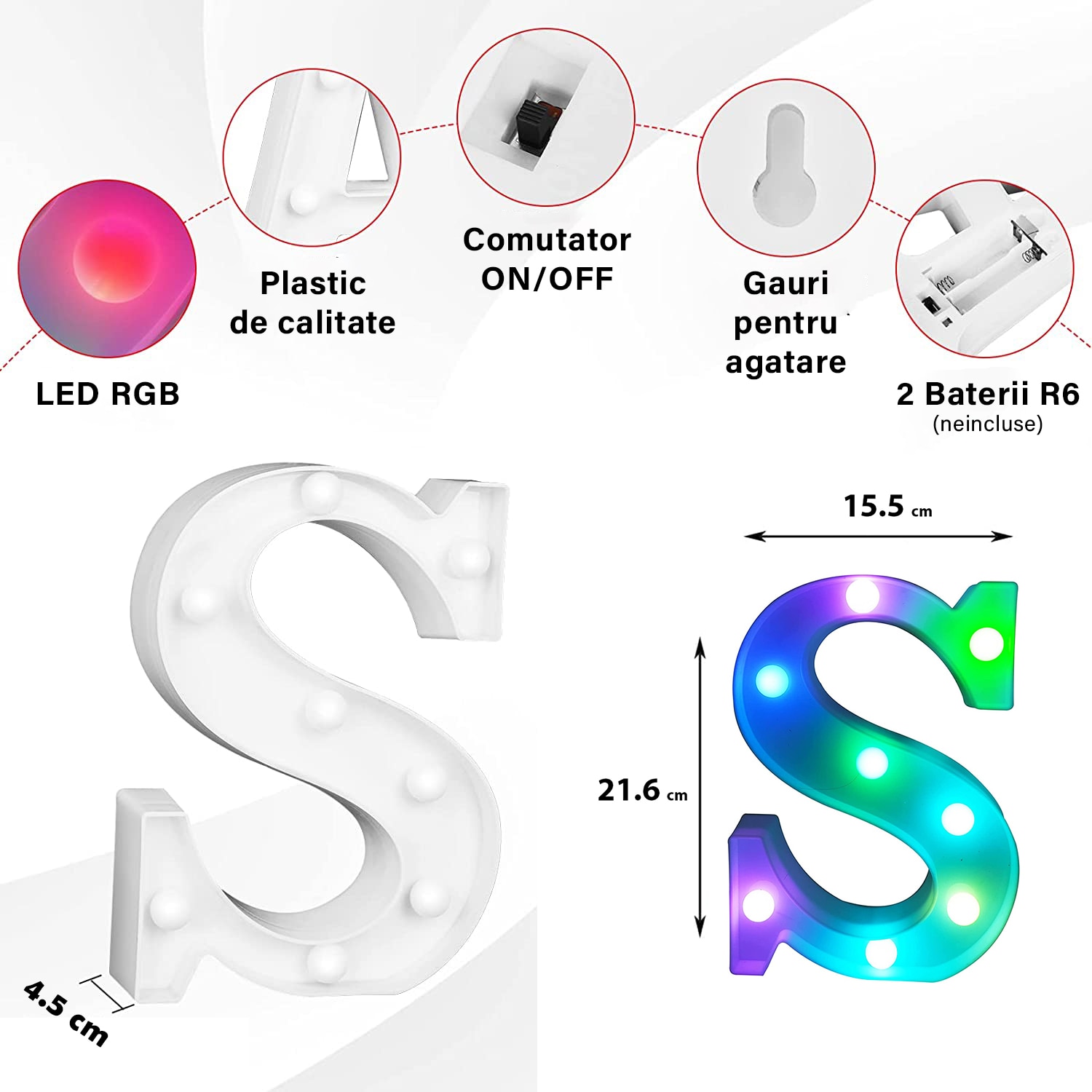 Litera S 3d luminoasa led, volumetrica, cu telecomanda pentru controlul culorilor si a setarilor ...