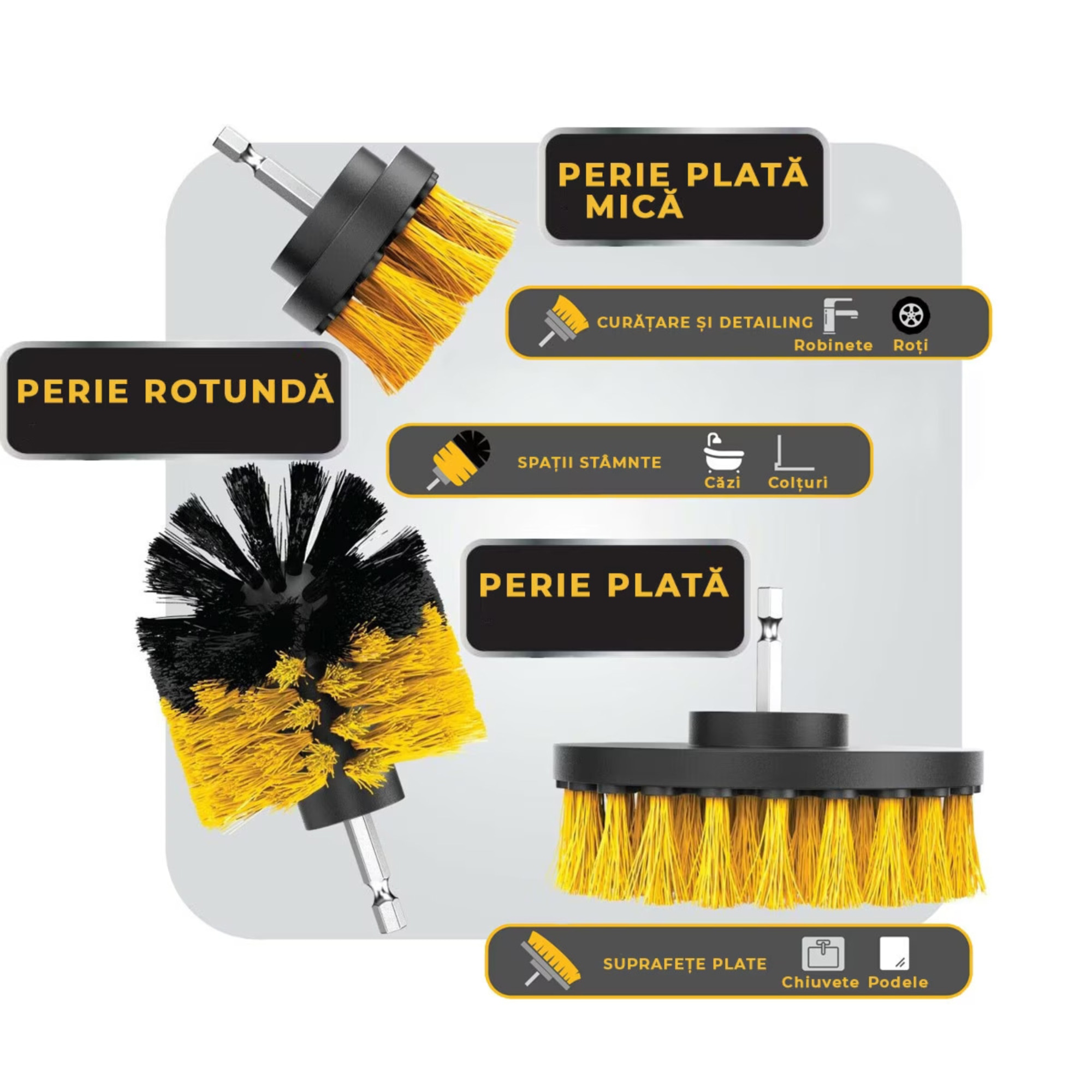 Set 3 perii rotative din plastic, de curatat suprafete, covoare ...