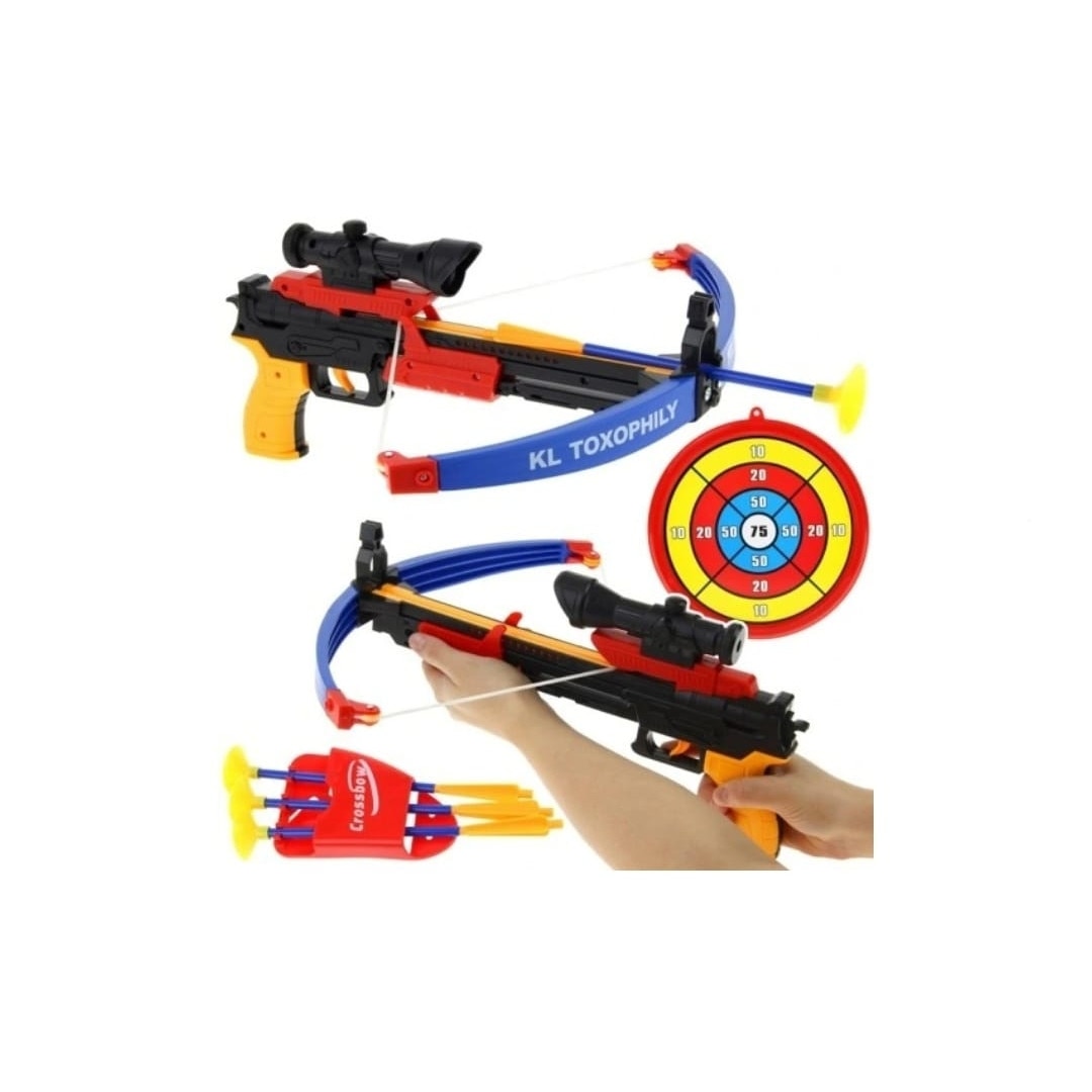 Set complet arbaleta pistol, cu ghidaj, 3 sageti si scut, cu ventuza ...