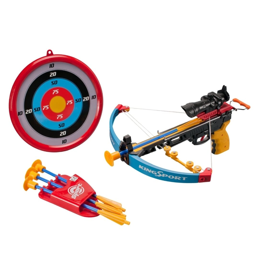 Set complet arbaleta pistol, cu ghidaj, 3 sageti si scut, cu ventuza ...