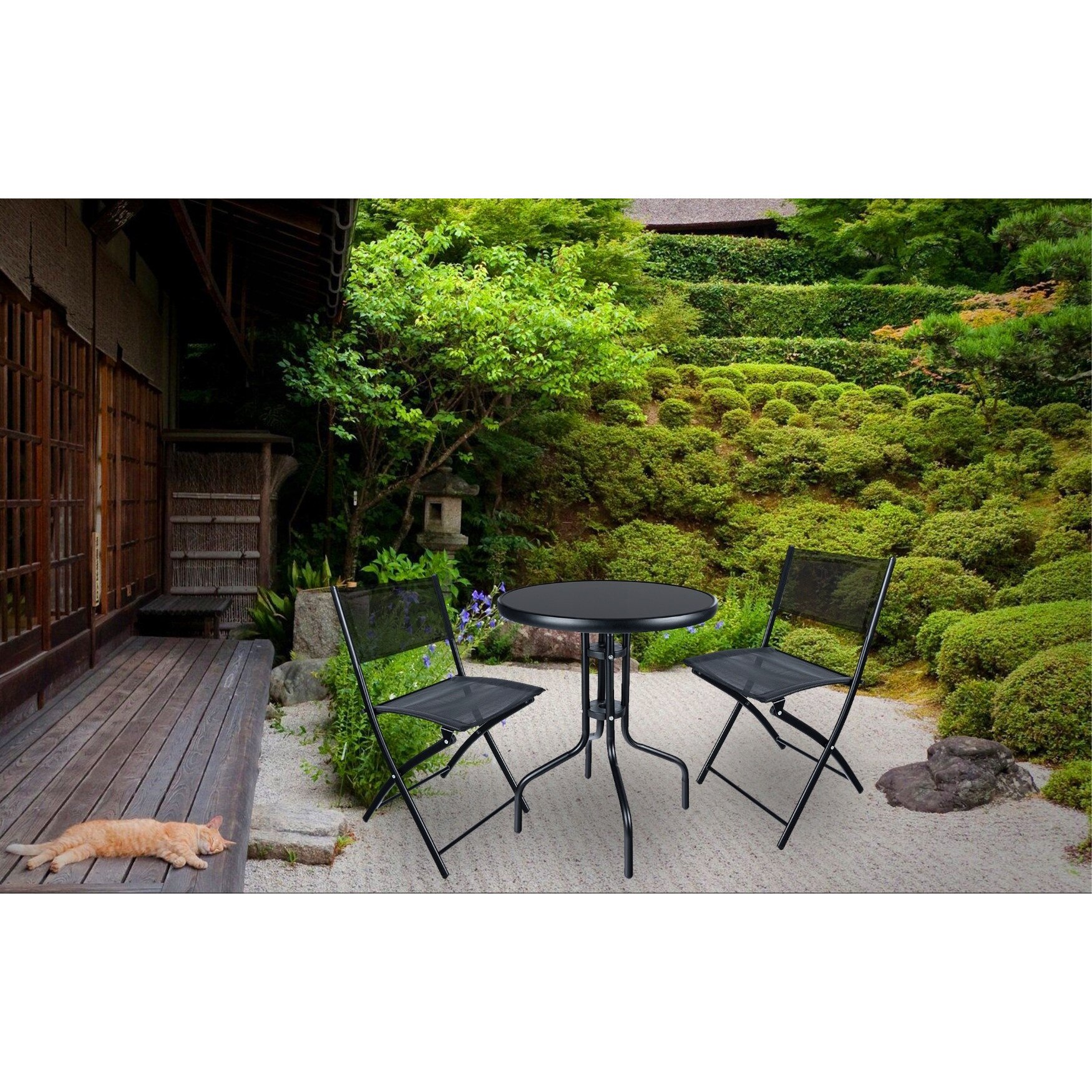 Set mobilier gradina Sersimo Oneiro, 2 scaune pliabile, 1 masa, negru ...