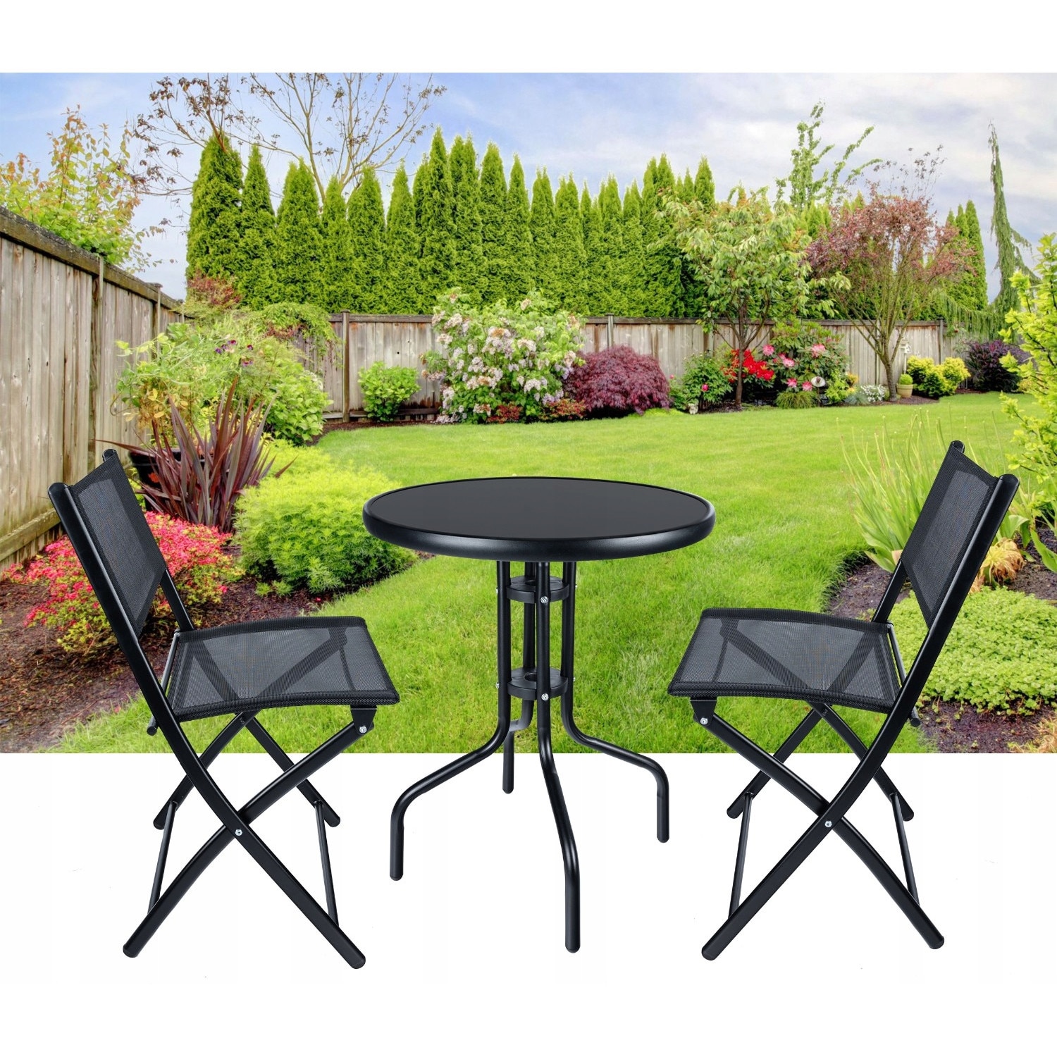 Set mobilier gradina Sersimo Oneiro, 2 scaune pliabile, 1 masa, negru ...