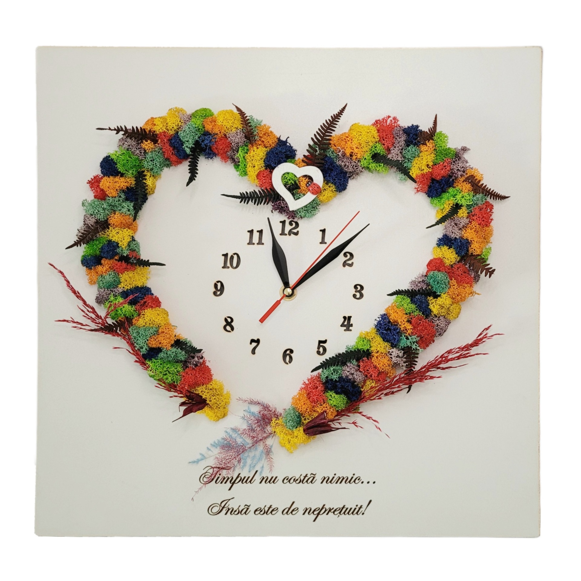 Ceas inima din licheni, multicolor, 40x40 cm - eMAG.ro