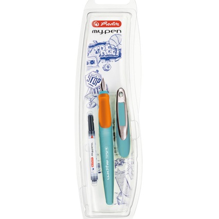 Stilou Herlitz my.pen, penita M, culoare turcoaz/orange - blister - eMAG.ro