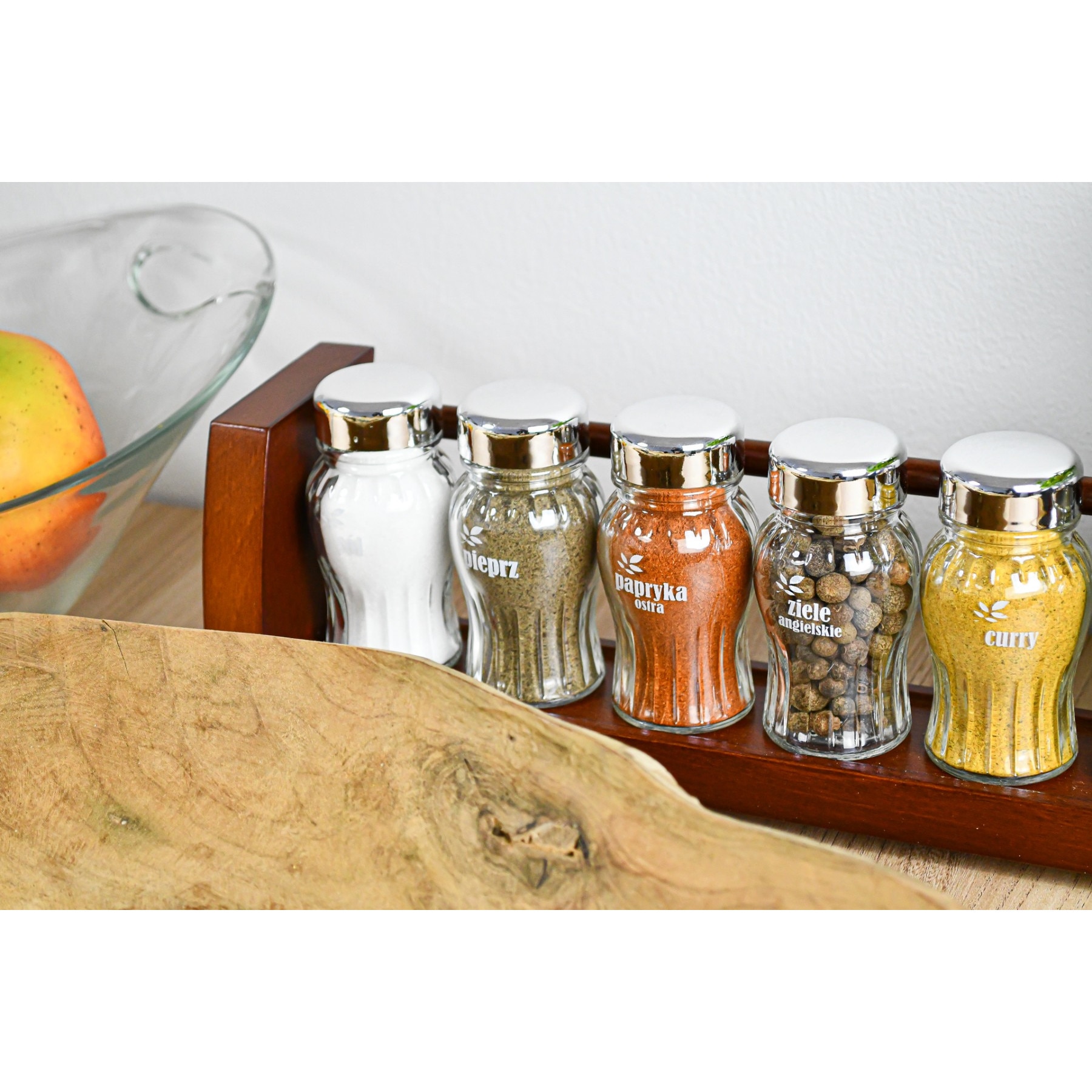 Set 6 recipiente condimente cu suport, Gald, Lemn/Sticla, Maro lucios ...