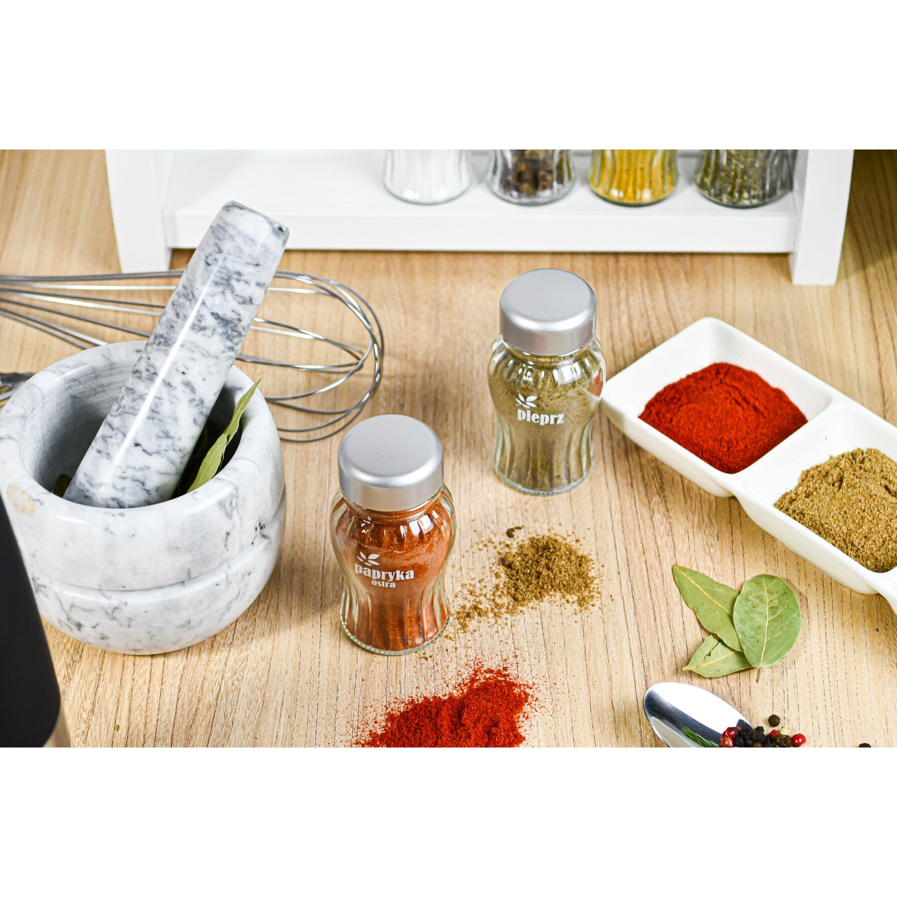 Set 6 recipiente condimente cu suport, Gald, Lemn/Sticla, Alb - eMAG.ro