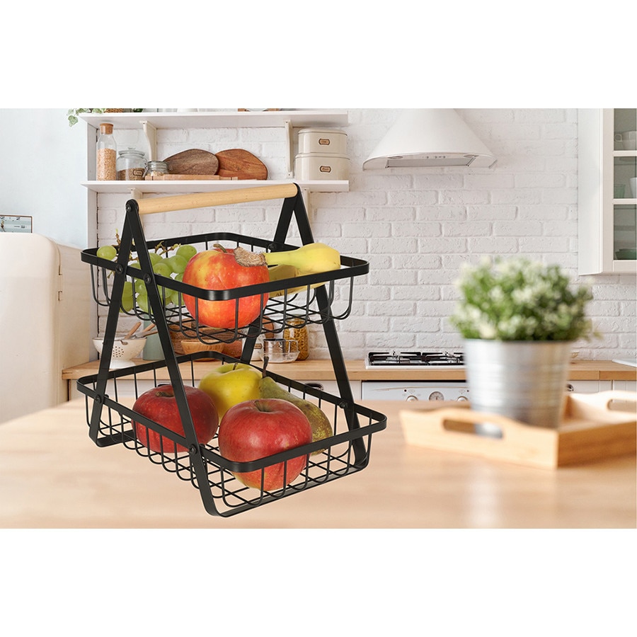 Cos pentru fructe, Metal/Lemn, Supraetajat, 27x17x29,5 cm, Negru ...