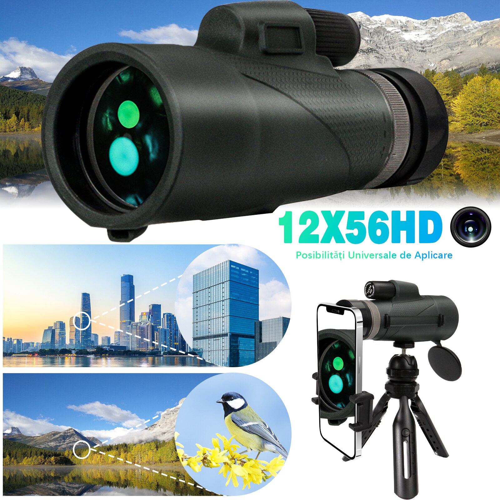 Telescop cu trepied si suport pentru telefon mobil, iceagle, 12 x 56 HD ...