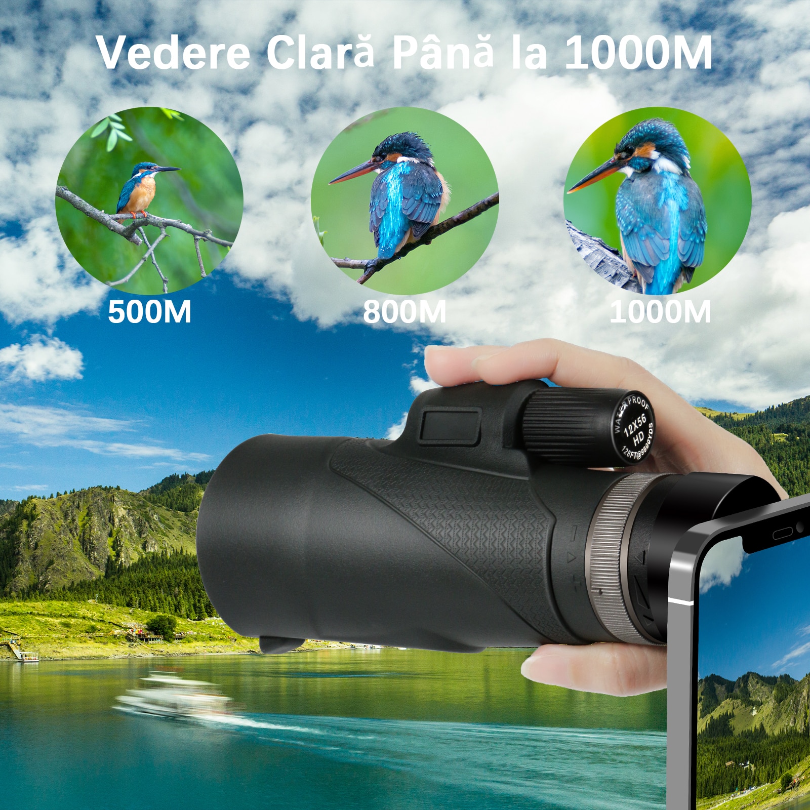 Telescop cu trepied si suport pentru telefon mobil, iceagle, 12 x 56 HD ...