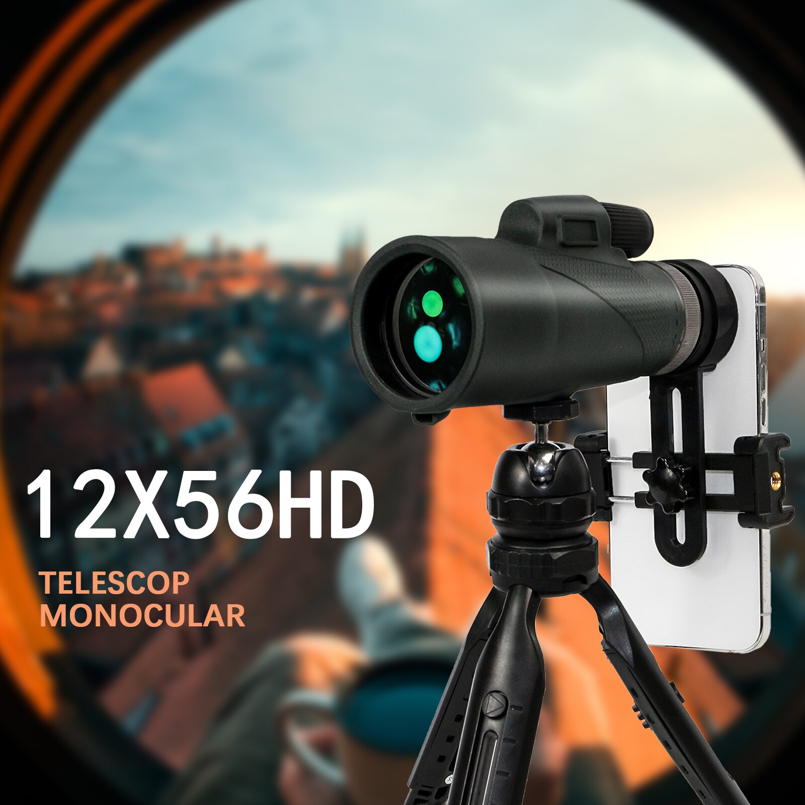 Telescop cu trepied si suport pentru telefon mobil, iceagle, 12 x 56 HD ...