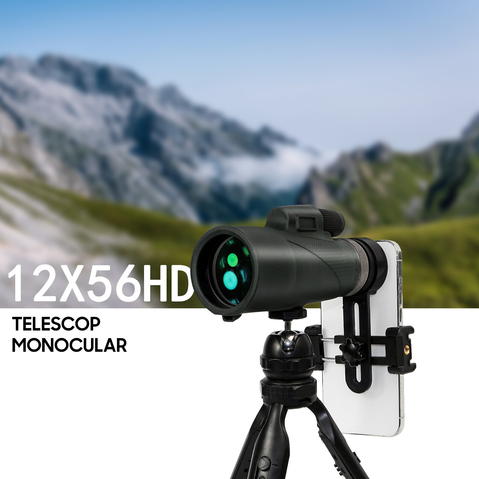 Telescop cu trepied si suport pentru telefon mobil, iceagle, 12 x 56 HD ...