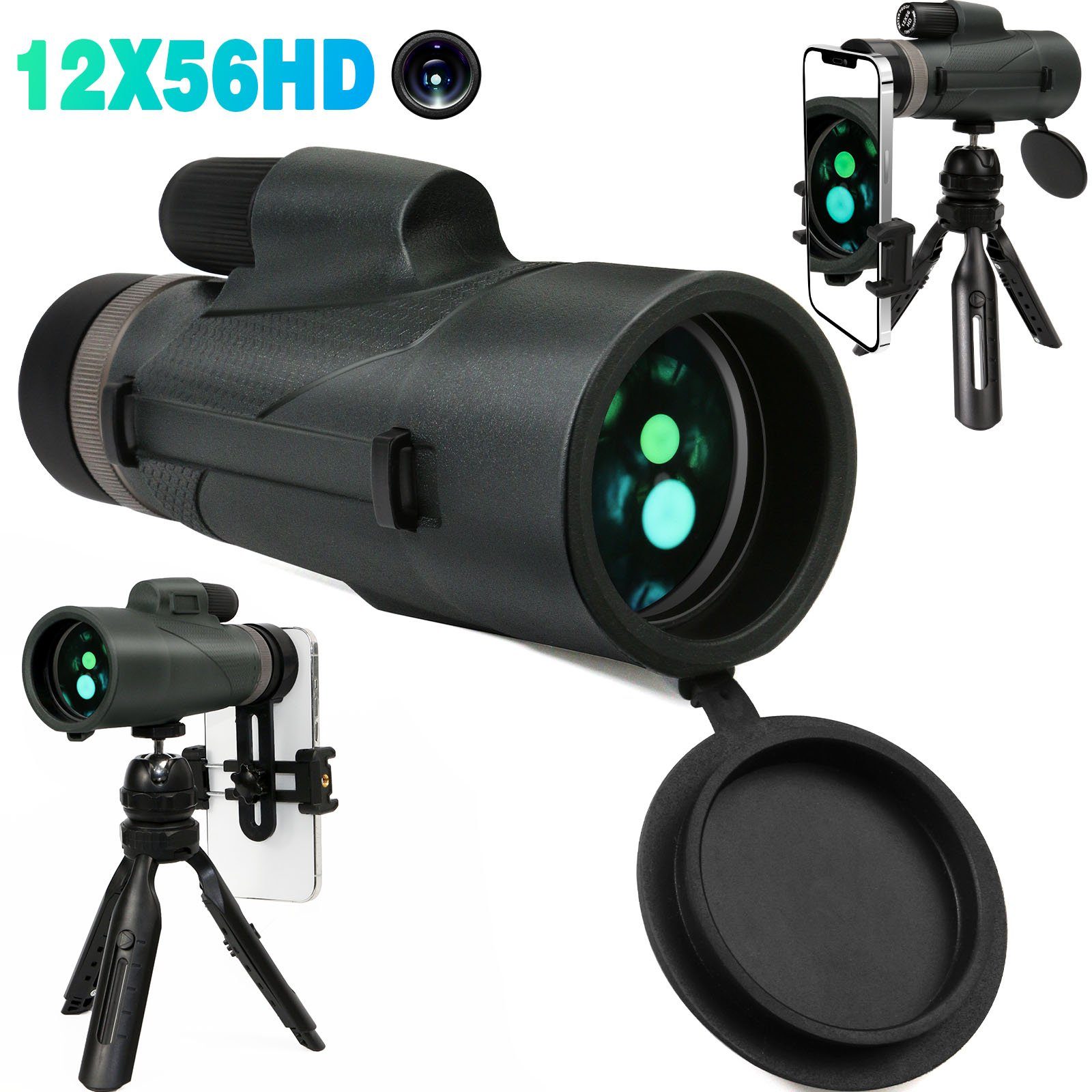 Telescop cu trepied si suport pentru telefon mobil, iceagle, 12 x 56 HD ...