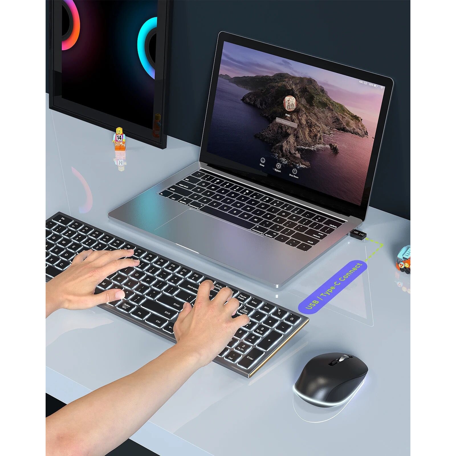 Set tastatura si mouse 1200DPI wireless cu iluminare reincarcabila ...