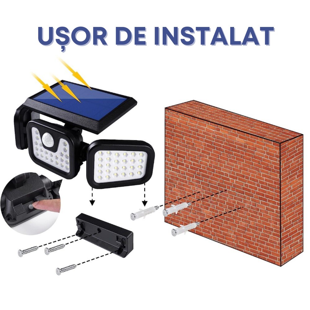 Set 3 Lampi Solare Triple cu Panou Solar Incorporat 74 LED SMD ...